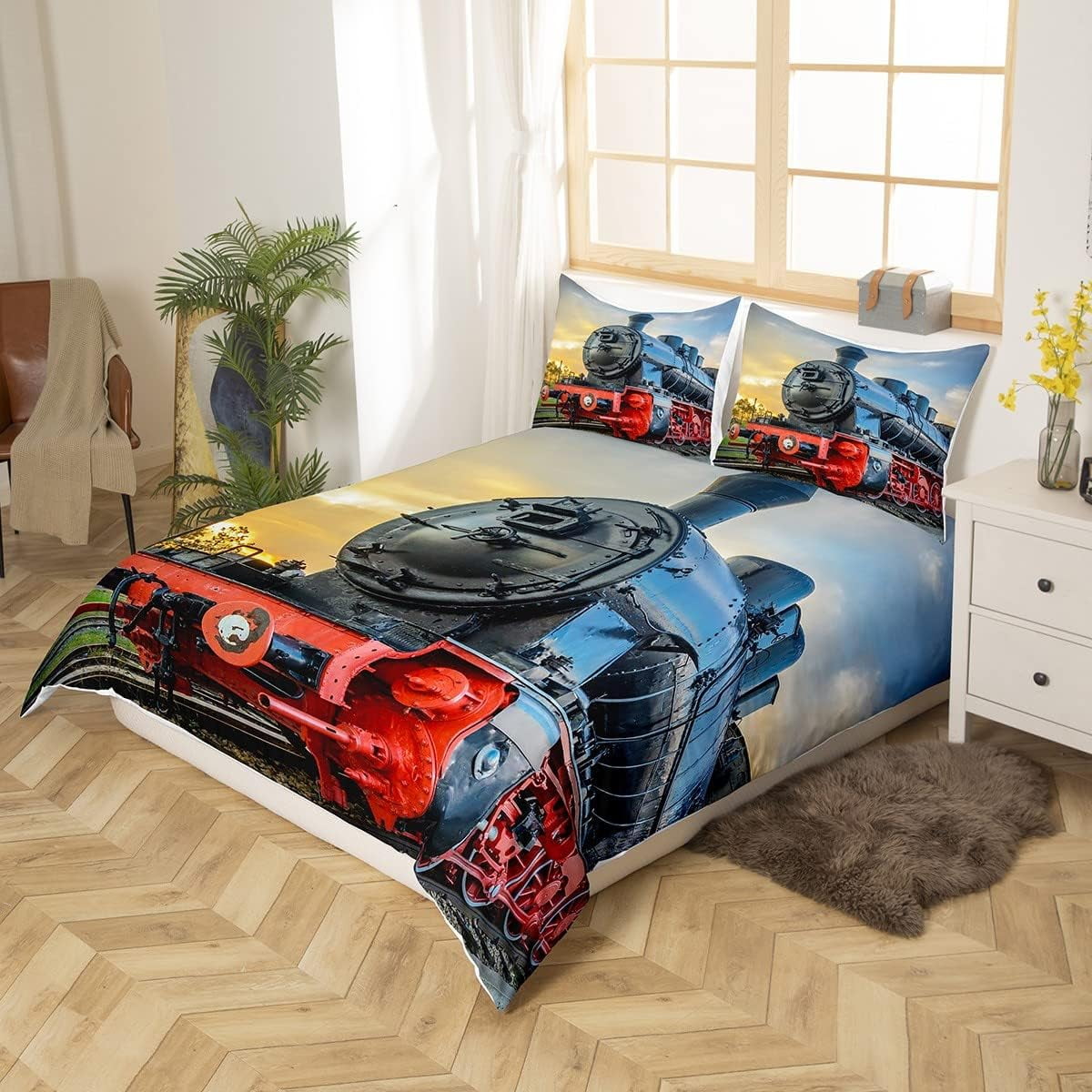 TRA-Train Comforter Cover for Girls Boys,Retro Vehicles Bedding Set for ...