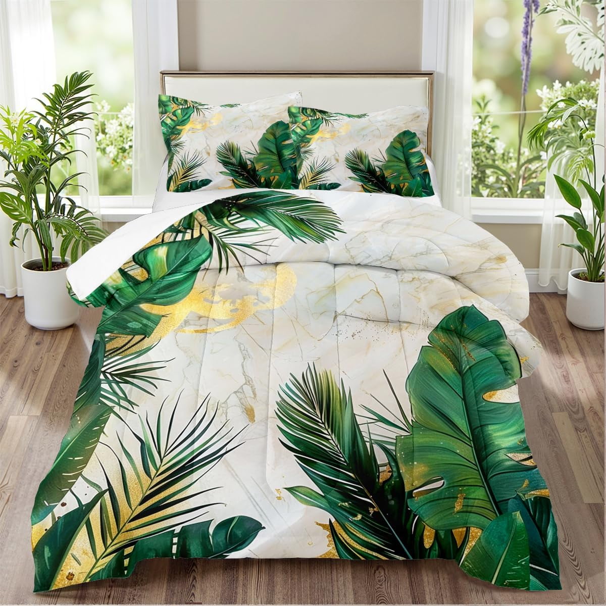 TRA-Tropical Palm Leaf Comforter Set Queen Size White Gold Marble ...