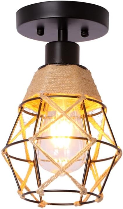 TRA-Vintage Hemp Rope Ceiling Pendant Light,Industrial Semi Flush Mount ...