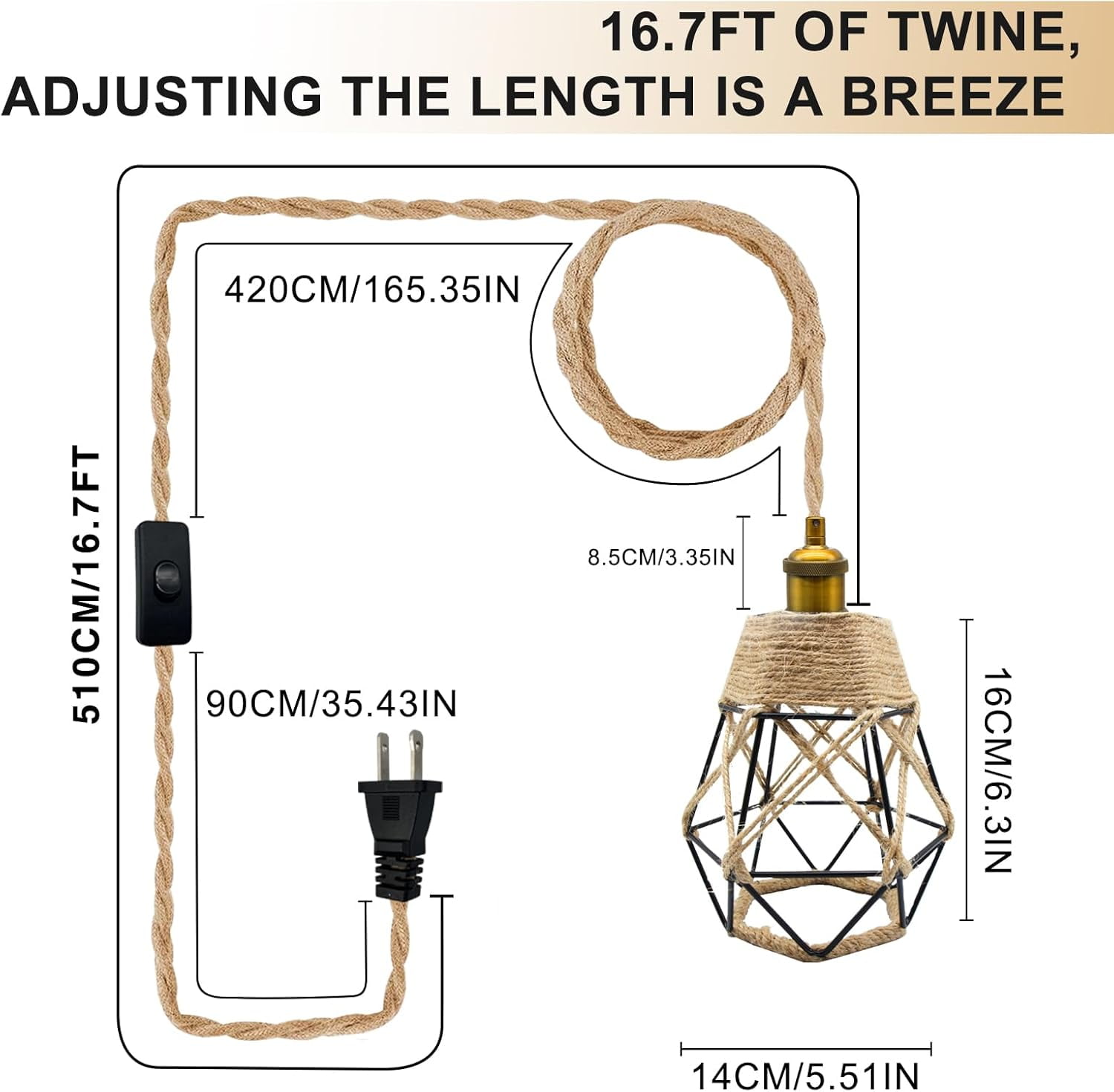 TRA-Vintage Plug in Pendant Light, Metal Pendant Lamp Kit, Hemp Rope ...