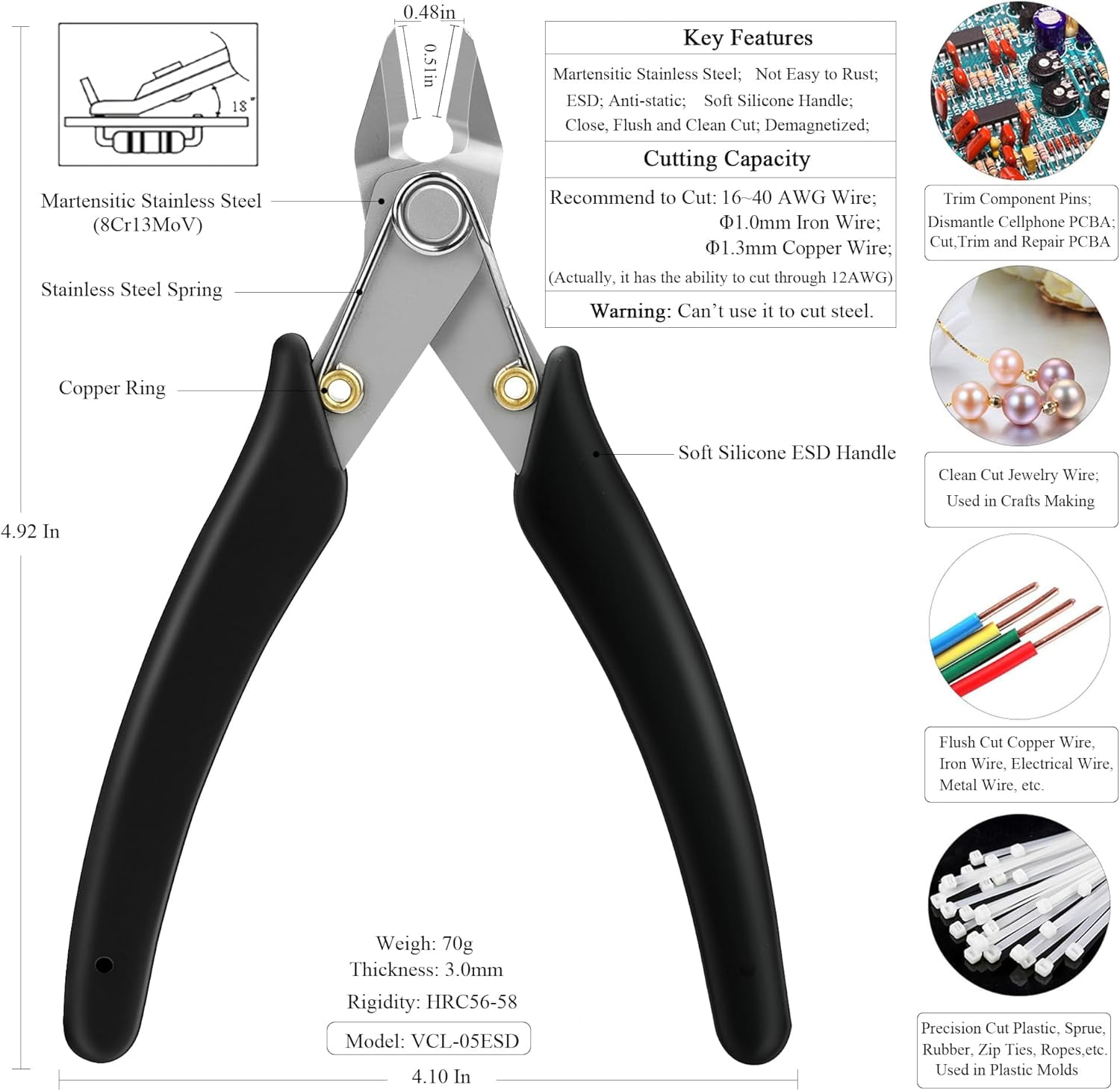 TRA-Wire Cutter, Flush Cutter, ESD Micro Cutter, Stainless Steel Side ...