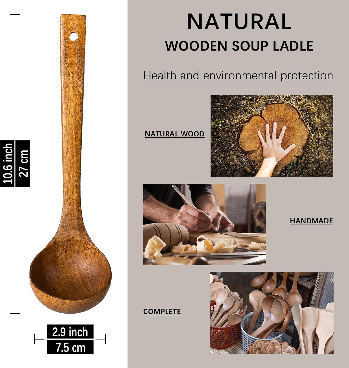 TRA-Wooden Soup Ladle, 10.8" Handle, 2 fl oz Medium Scoop Utensil for ...