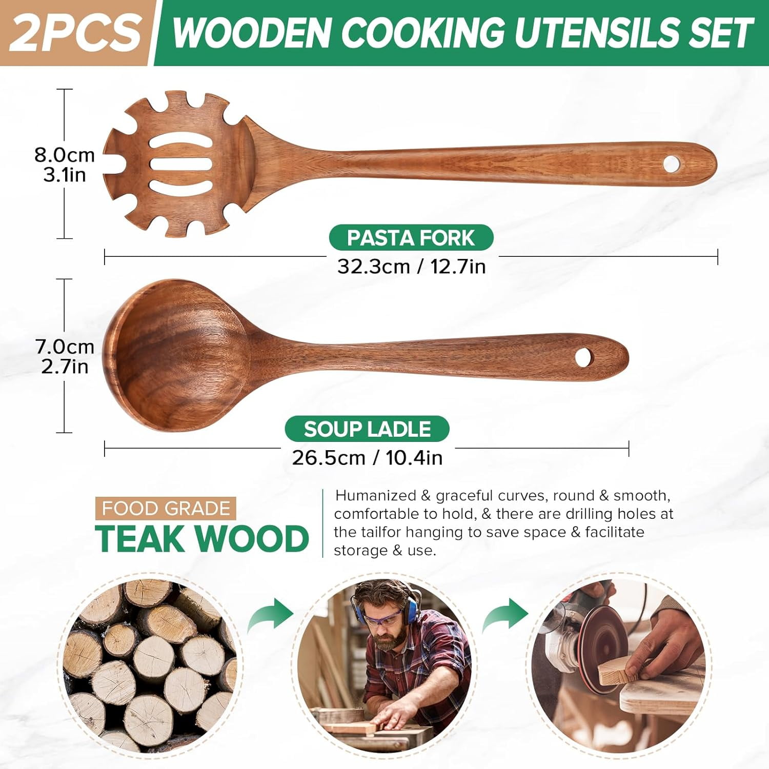 TRA-Wooden Spoons for Cooking,2 Pcs Wooden Utensil Set of Soup Ladle ...