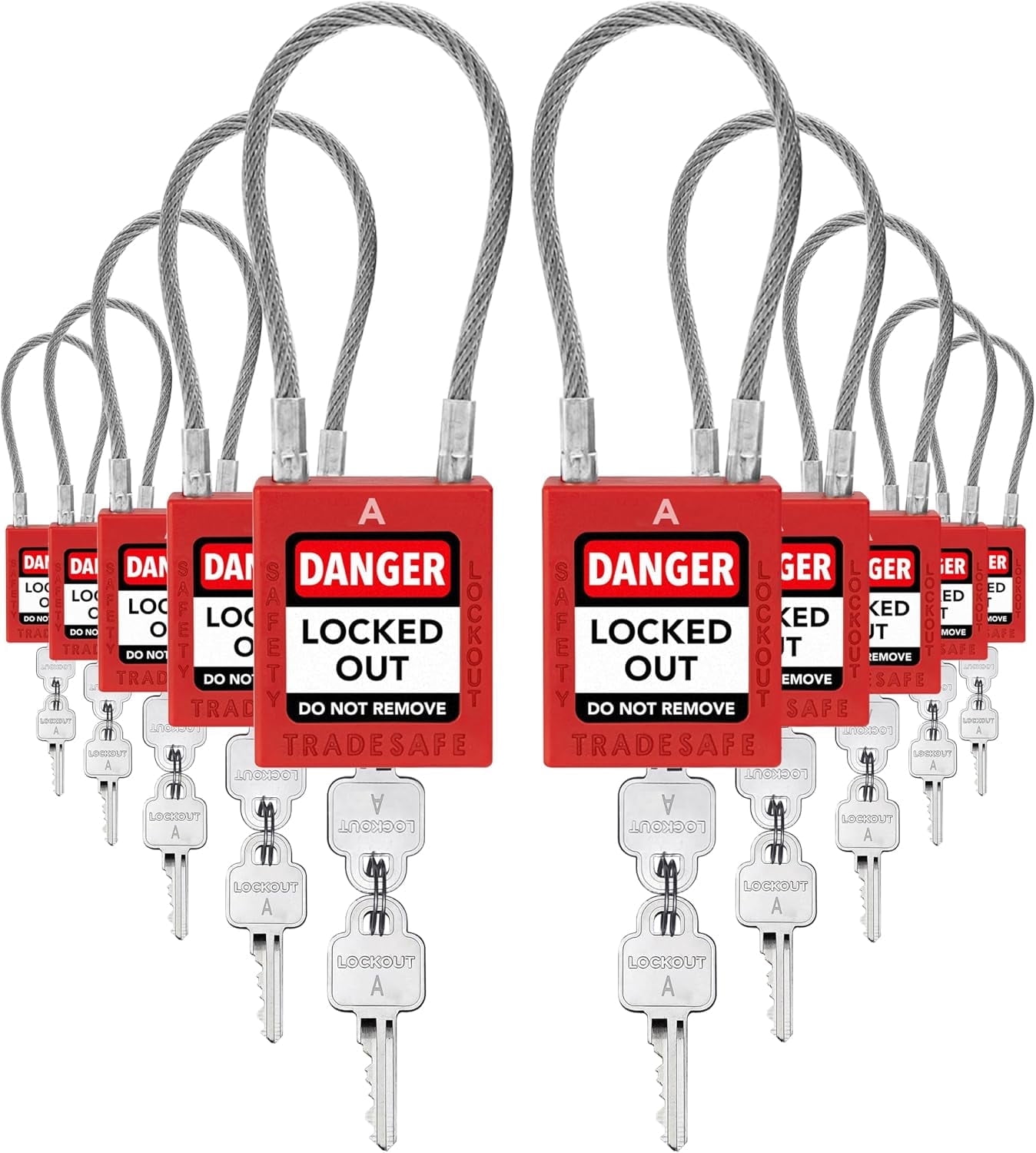 TRADESAFE Lockout Tagout Cable Locks, Red Keyed Alike Unlimited Cable ...