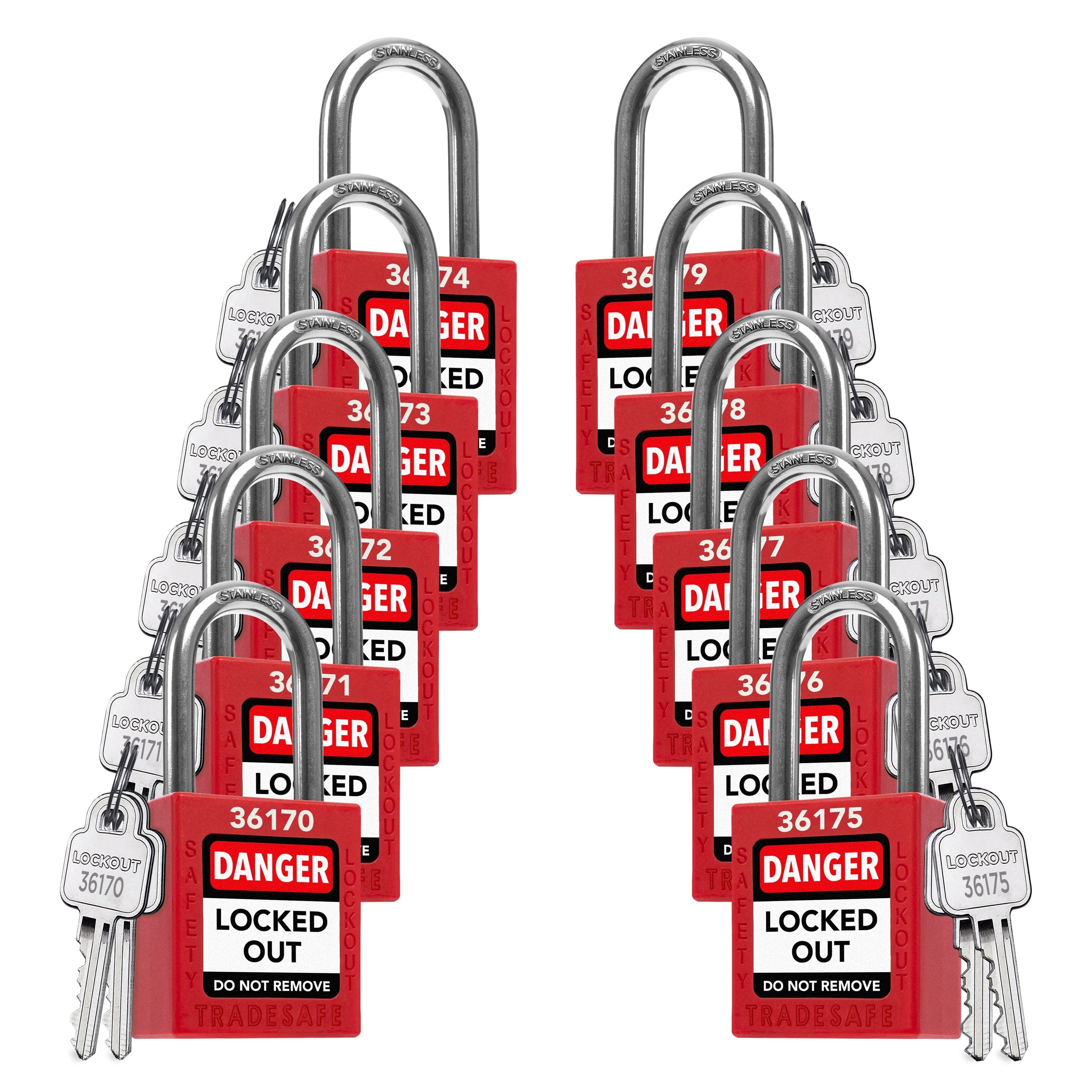TRADESAFE Lockout Tagout Locks, Red Nylon Keyed Different Padlocks, 10 ...