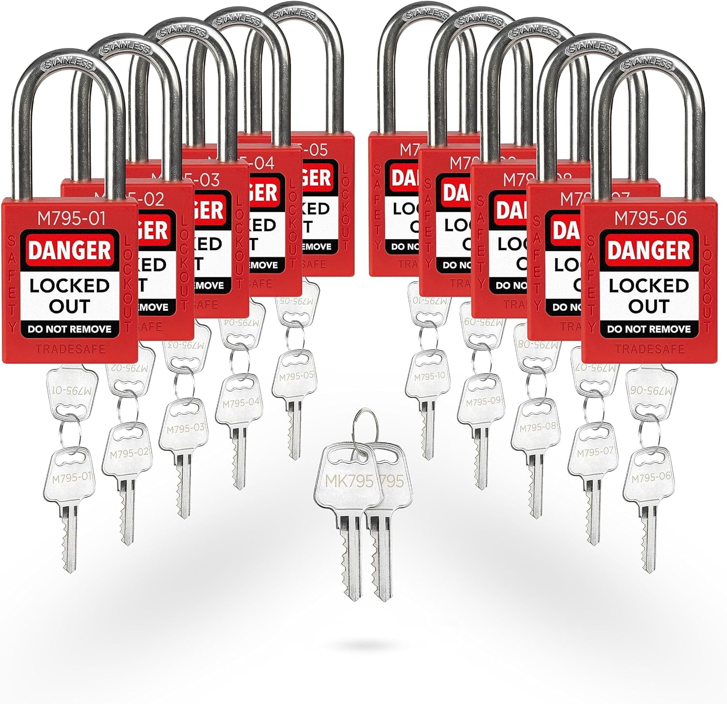TRADESAFE Lockout Tagout Locks with Master Keys, Red Keyed Different LOTO Locks, 10 pcs, 2 Keys ...