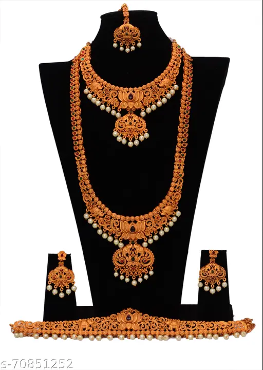 TRADITIONAL SOUTH INDIAN GOLD PLATTED MATTE FINISH TRENDING TEMPLE JEWELLERY BRIDAL COMBO SET FOR WOMEN AND GIRLS