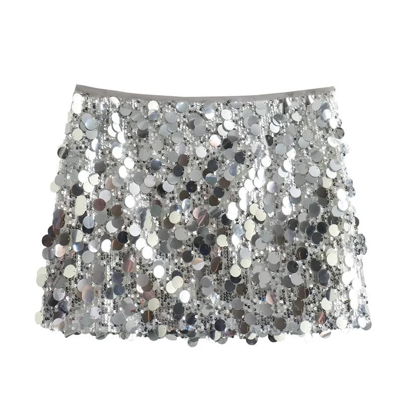 TRAF Silver Sequin Skirt Woman High Waist Mini Skirt Woman Fashion ...
