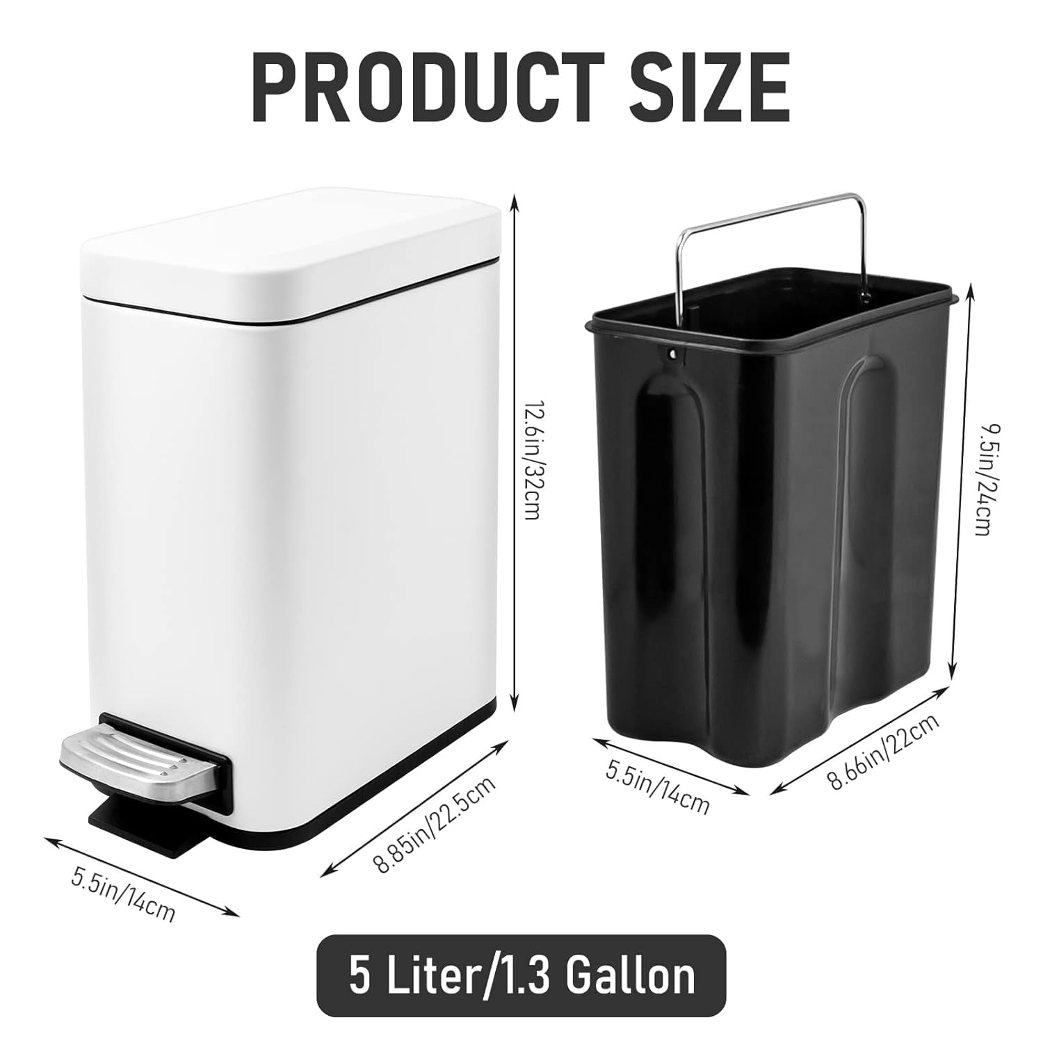 TRAHOO-1.3 Gallon Slim Small Trash Can with Lid Soft Close, Stainless Steel Garbage Can for ...