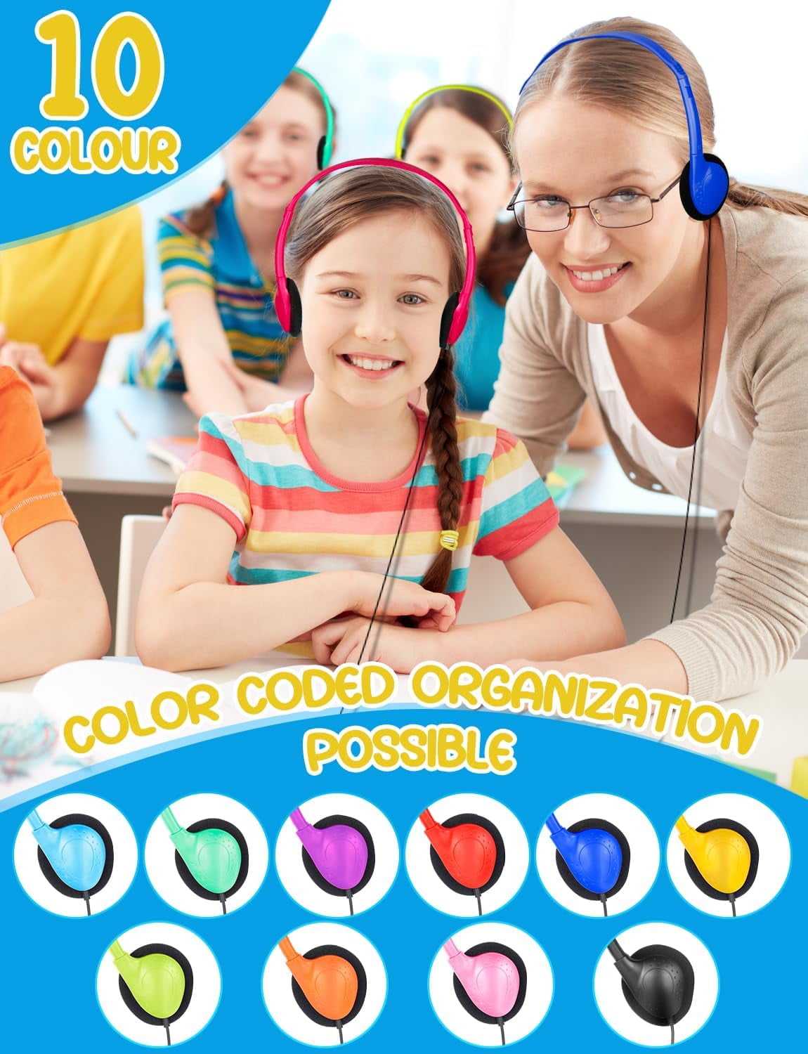 TRAHOO-10 Pack Kids Headphones Bulk for School Classroom, Multi Color ...