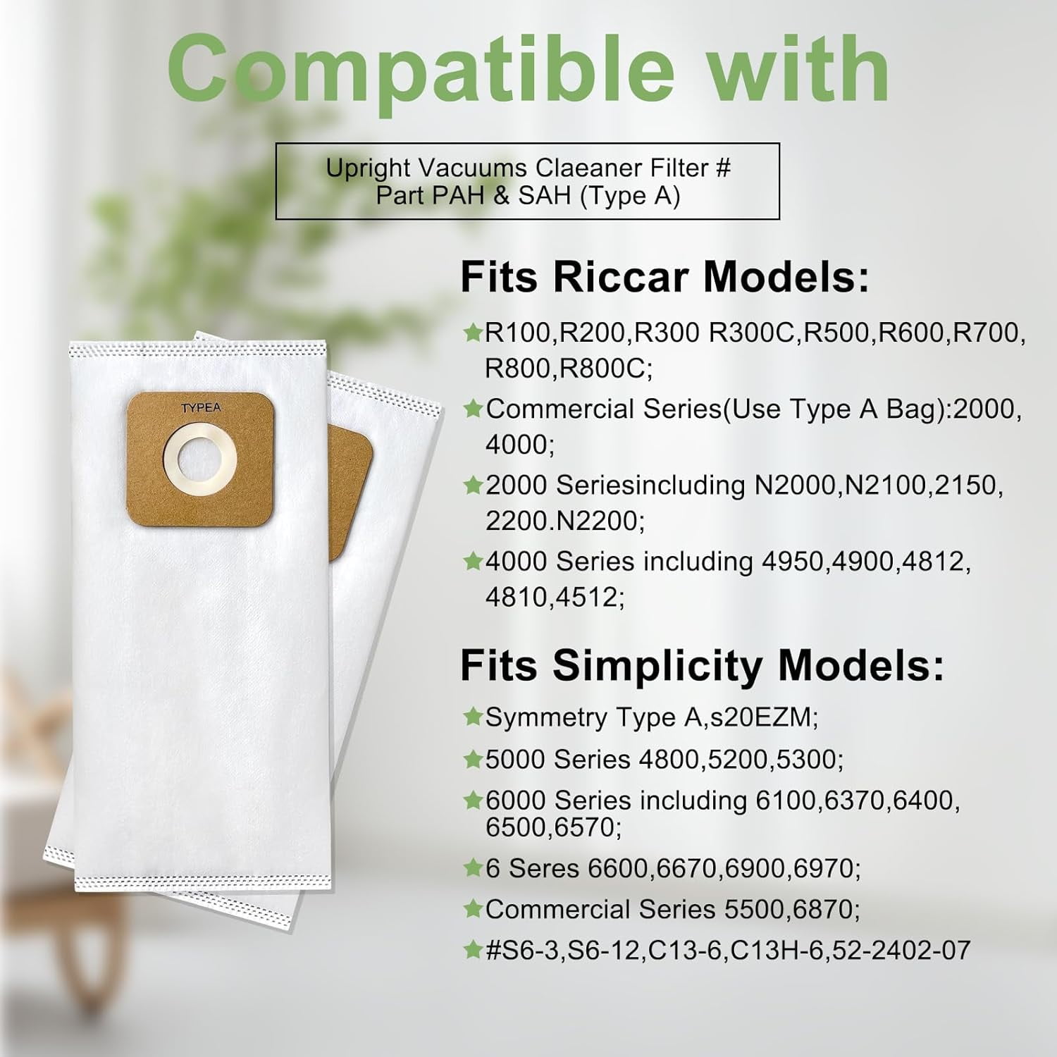 TRAHOO-10 Pack Type A HEPA Vacuum Bags Replacement for Riccar Upright Vacuums 2000 4000 Series ...