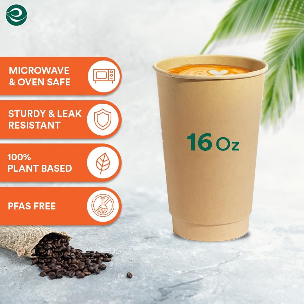 TRAHOO-100% Compostable Plant-Based (PFAS-Free) 16oz Hot Cups | (50 ...