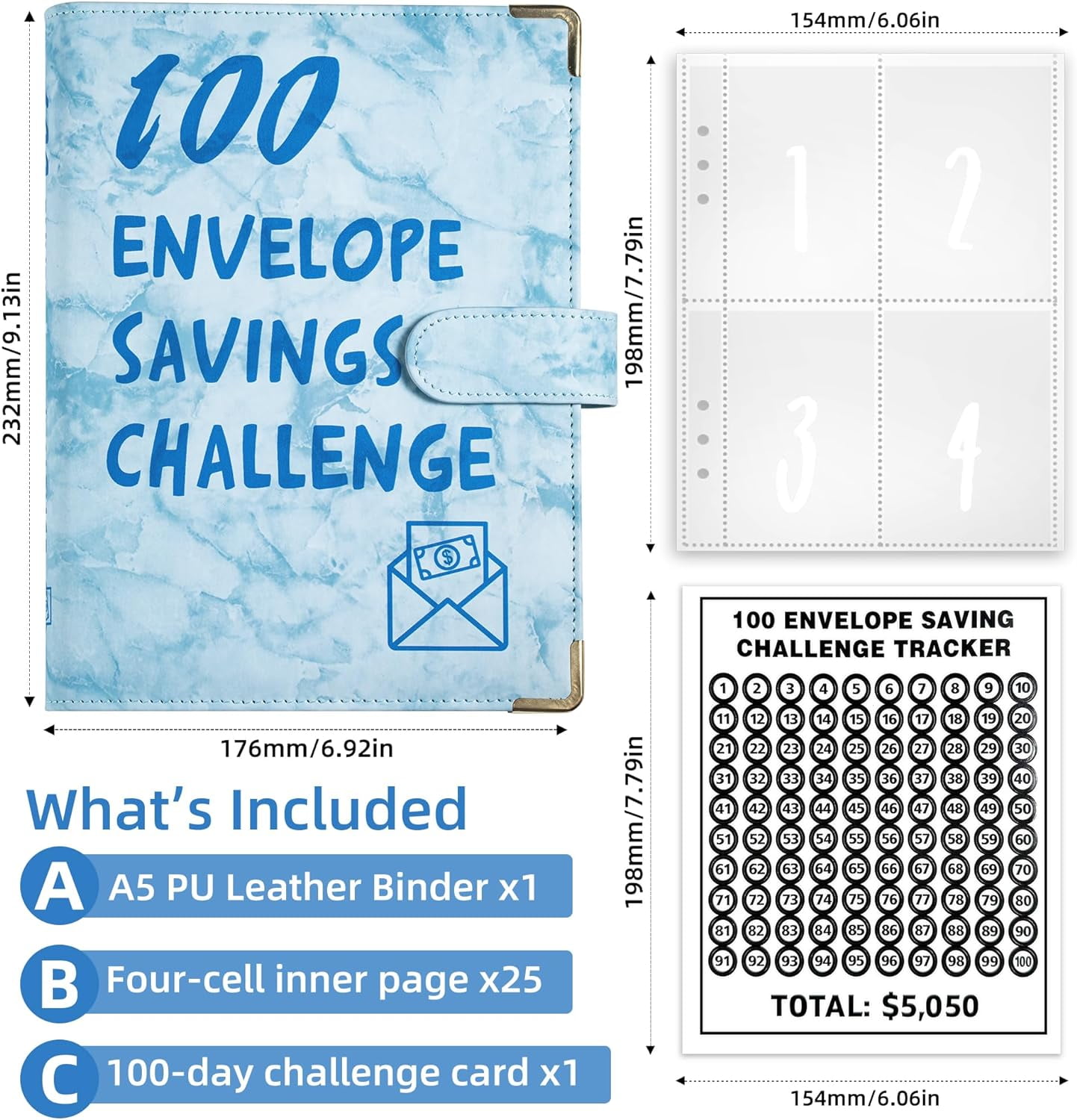 TRAHOO-100 Envelope Money Saving Challenge Flipchart with 100 Clear ...