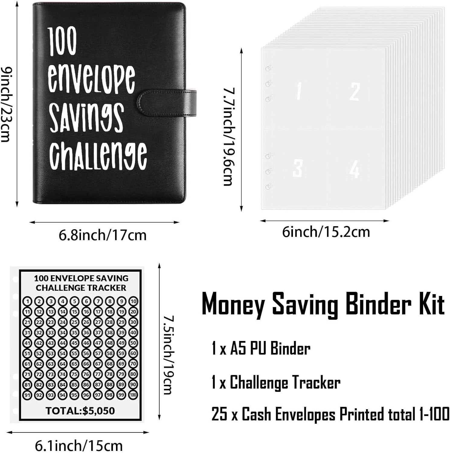 TRAHOO-100 Envelopes Money Saving Challenge, A5 Saving Budget Binder Wallet with Cash Envelopes ...
