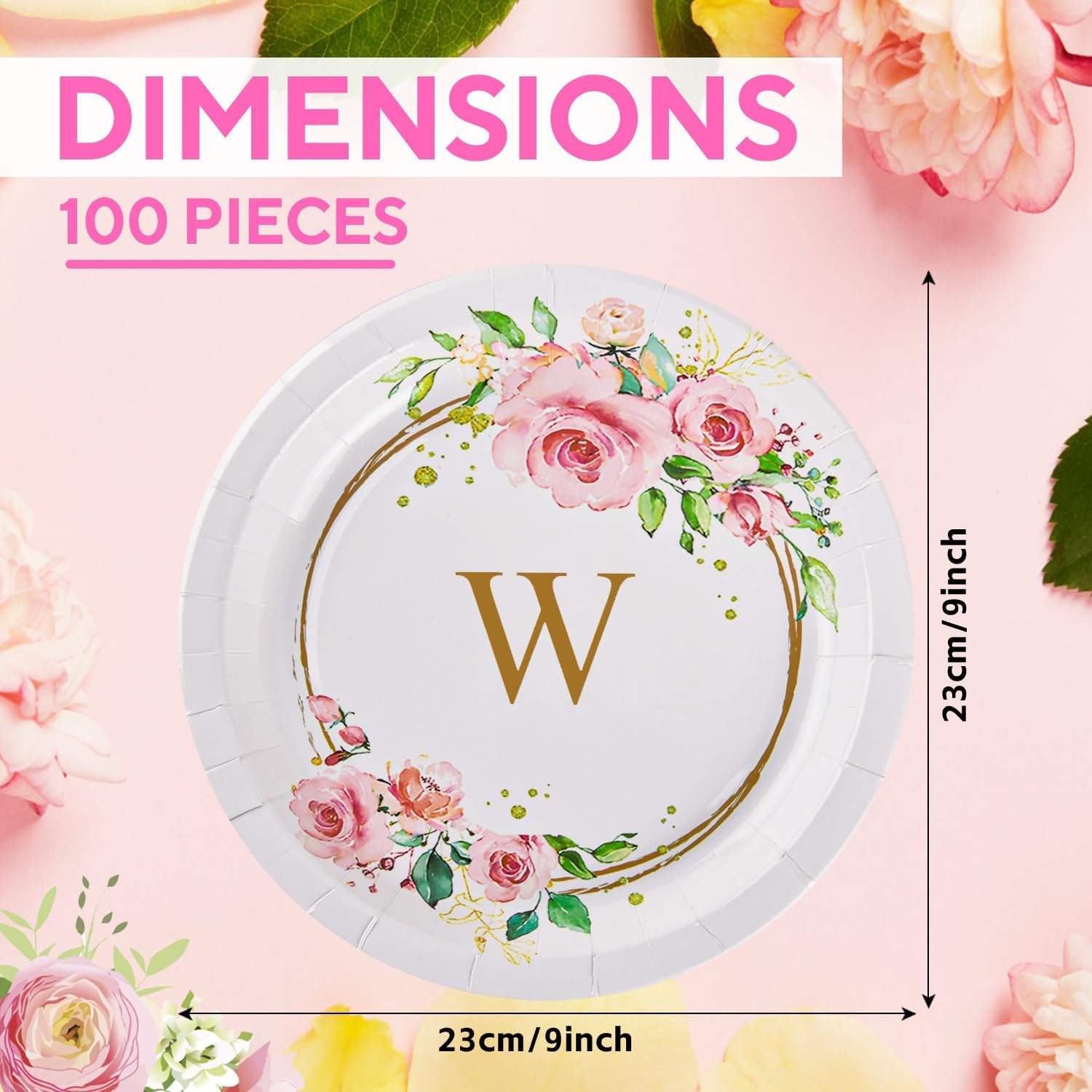 TRAHOO-100 Pack Floral Paper Plates Monogrammed Dinner Plates Initial ...