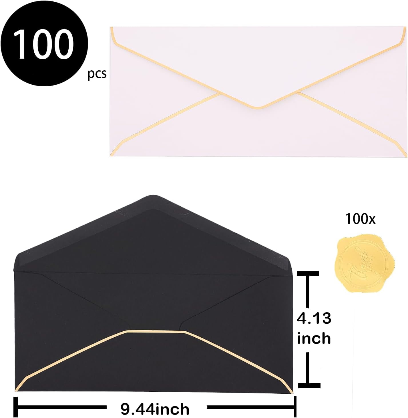 TRAHOO-100 pcs Black & White Business Envelope with V-Flap, Gold Border ...