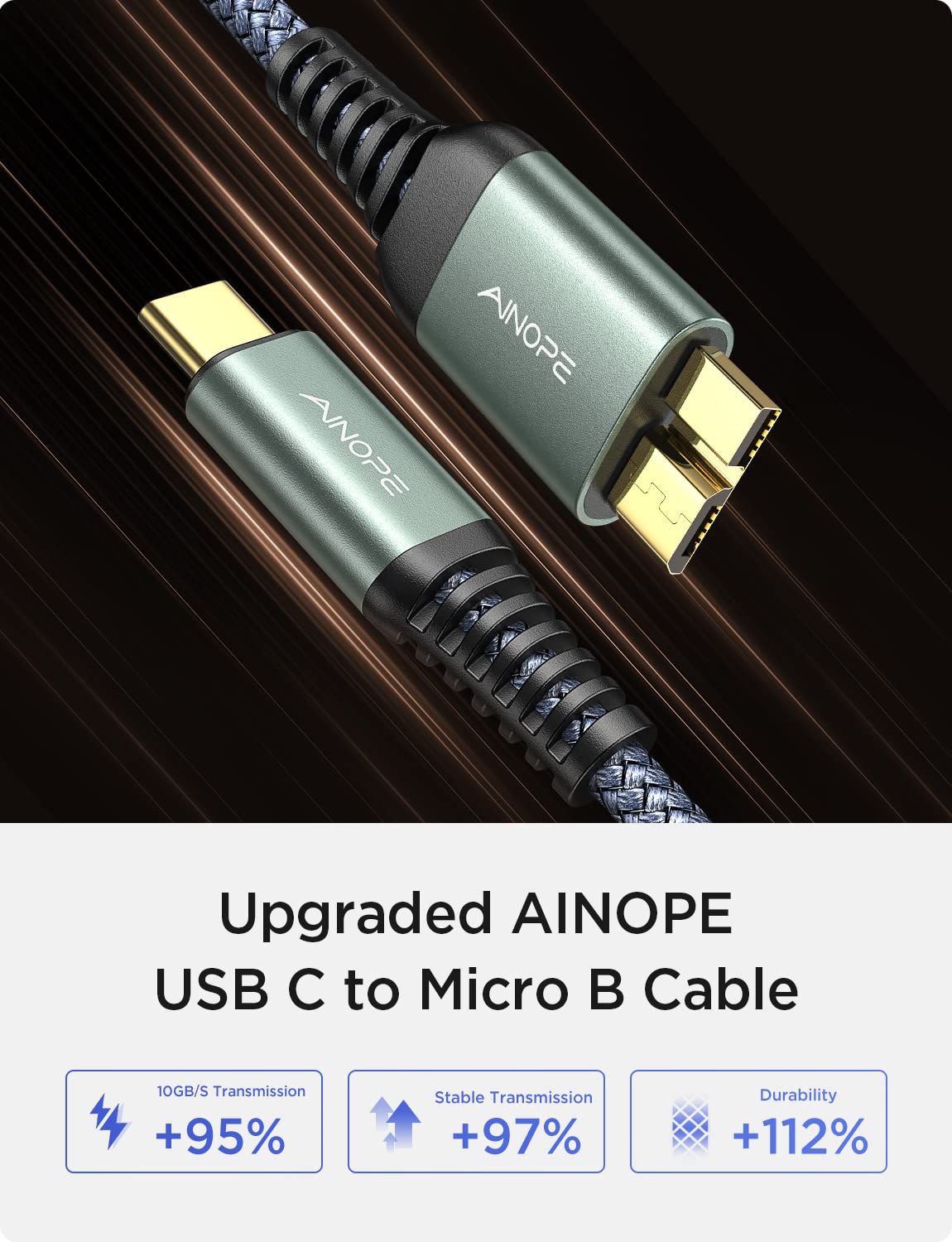 TRAHOO-10Gbps Micro B to USB C Hard Drive Cable 3.3FT/1m, [Nylon ...