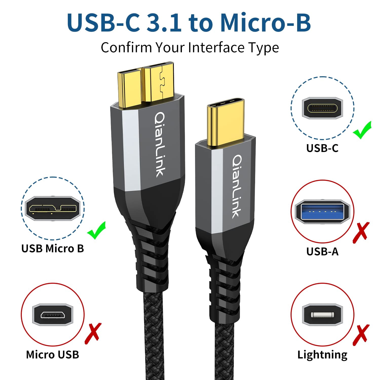 TRAHOO-10Gbps Micro B to USB C Hard Drive Cable (3.3FT/1m) USB C to ...