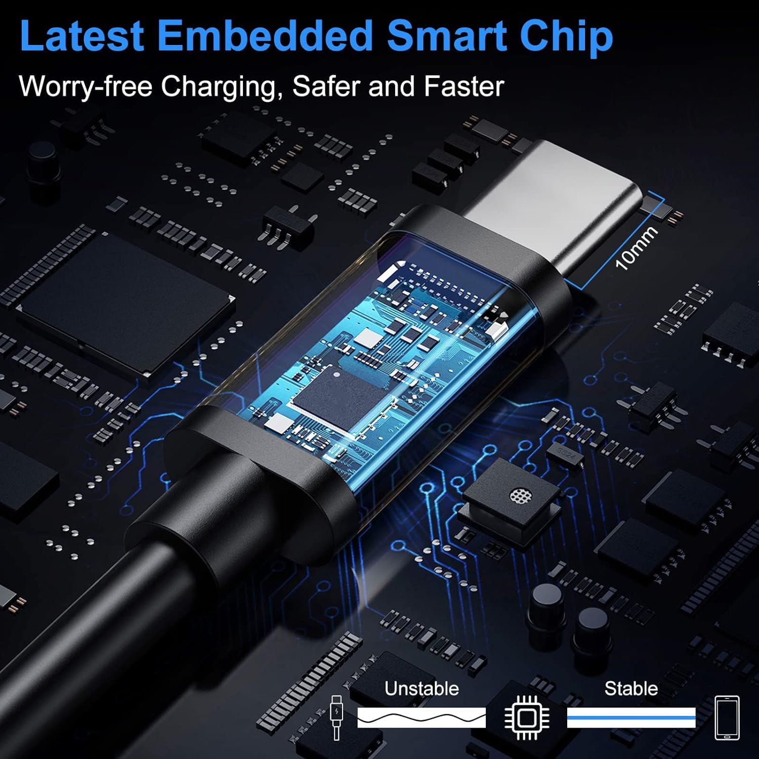 TRAHOO-10mm Extended Tip USB Type C Data Sync Charger Cable, 1M Length USB-C Charging Cable Cord ...