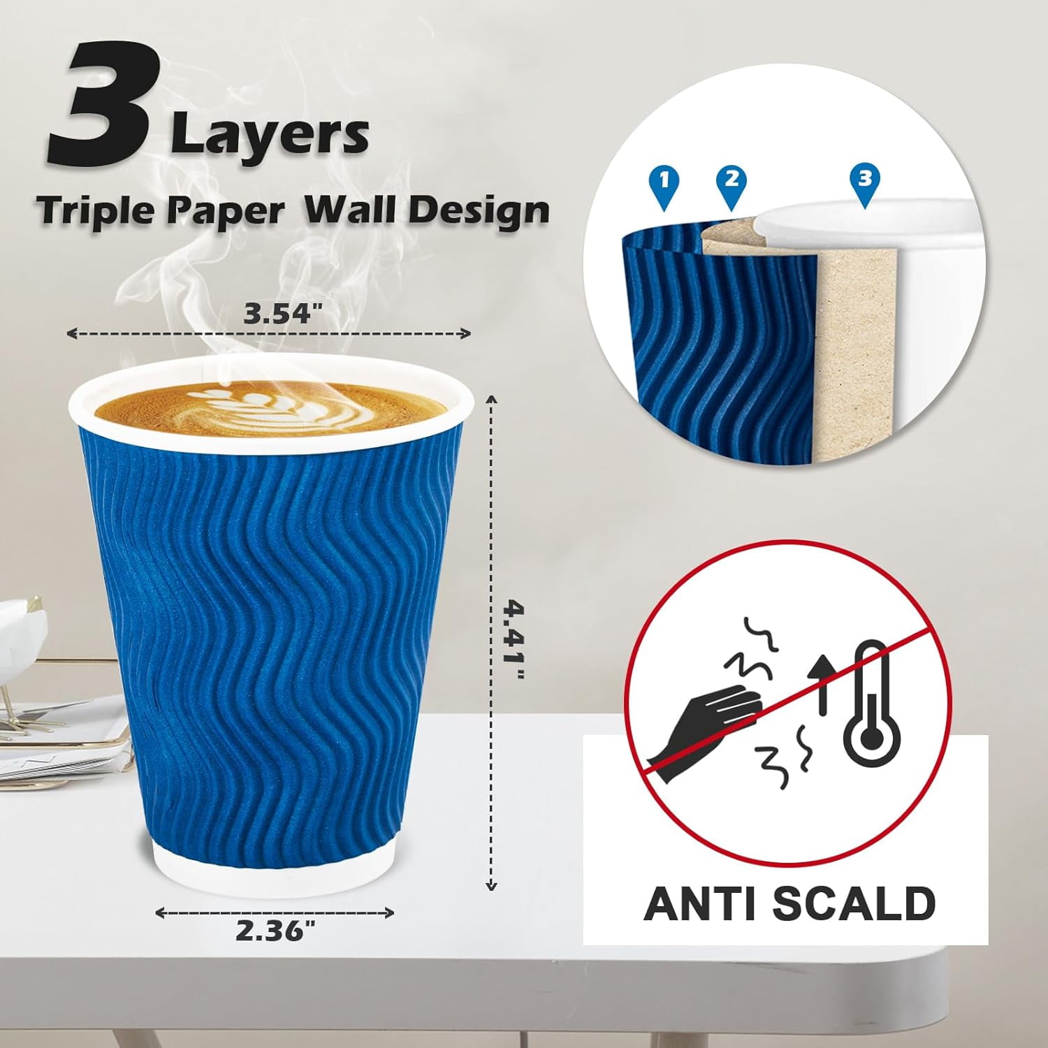 TRAHOO-12 oz Insulated Coffee Cups Disposable - 50 Count Blue Paper ...