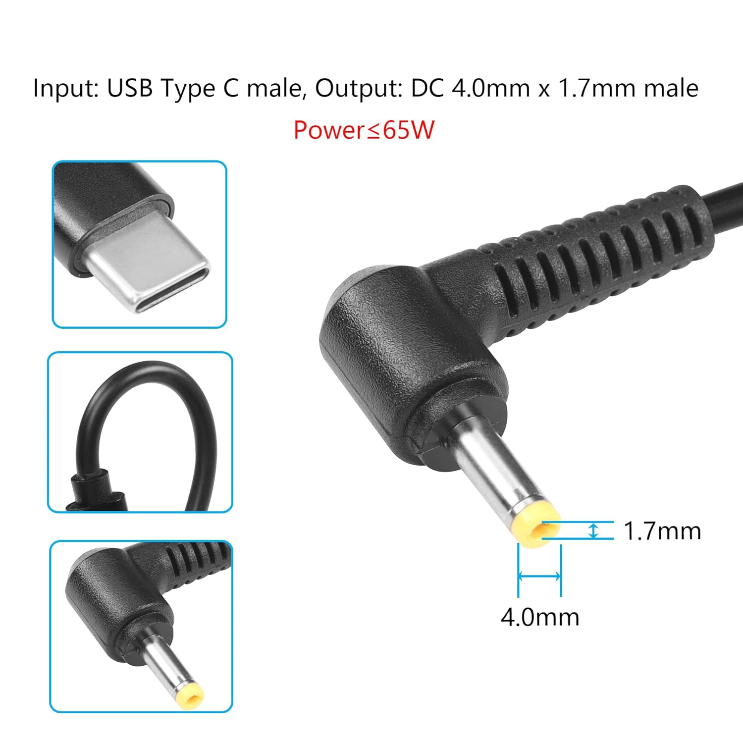 TRAHOO-12V Type C to DC 4.0 x 1.7mm Power Charging Cable, 59inch USB C ...