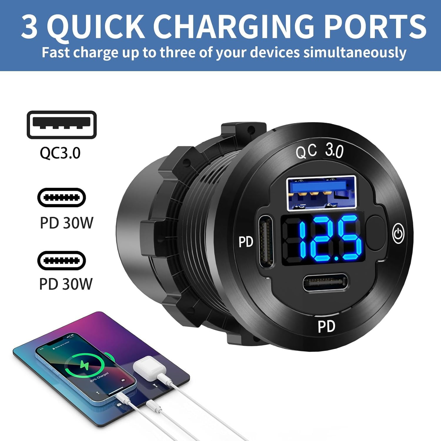 TRAHOO-12V USB Car Socket Round USB C 12V Outlet, 3-Port Marine USB ...
