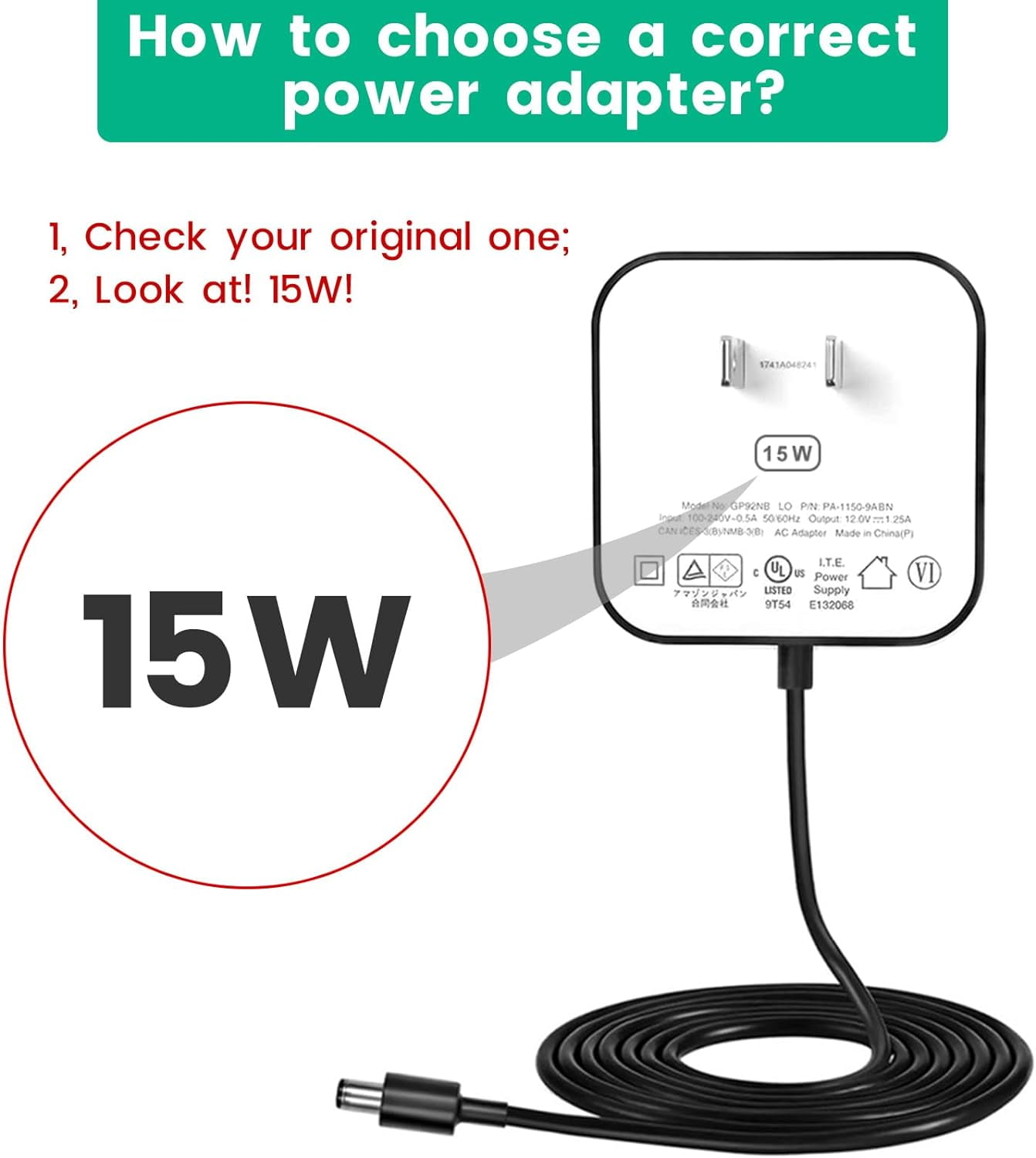TRAHOO-15W Power Cord Adapter Replacement for Echo Pop, Dot 5th Gen ...