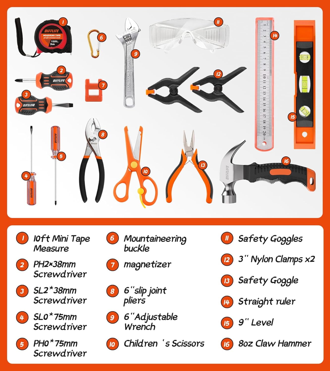 TRAHOO-18-Piece Hand Tool Set Kids Real, Tool Kit with Storage Bag for ...