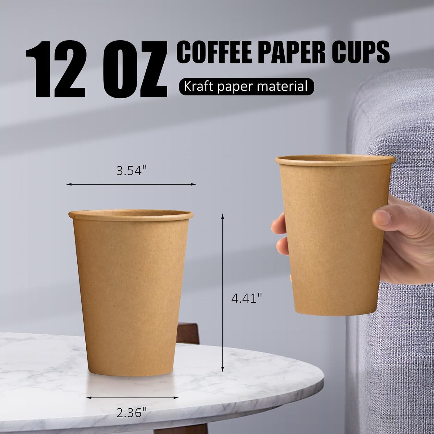 TRAHOO-180 Pack 12 OZ Paper Cups, Brown Kraft Disposable Paper Coffee ...