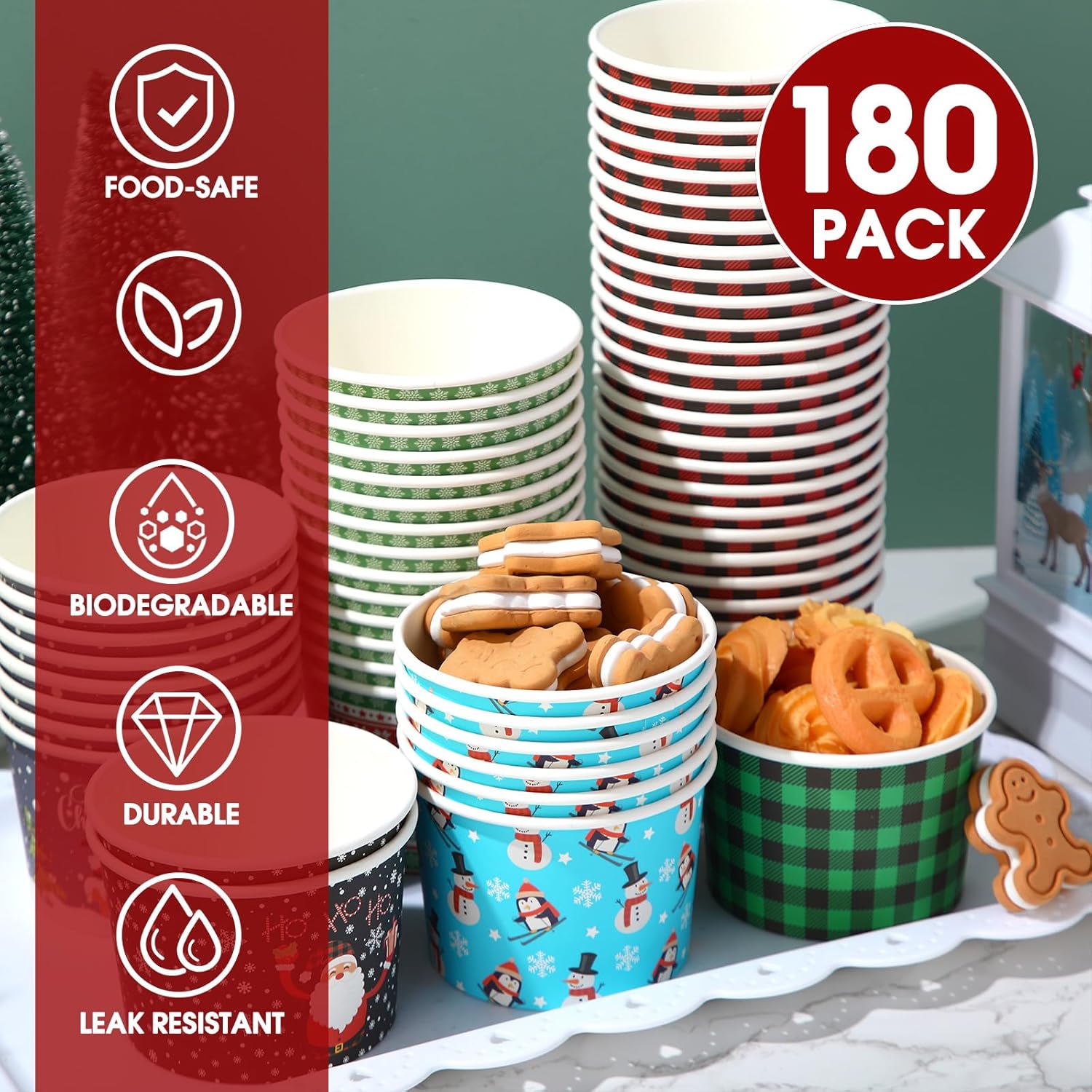 TRAHOO-180 Pcs Christmas Treat Snack Cups 9 oz Holiday Xmas Disposable ...