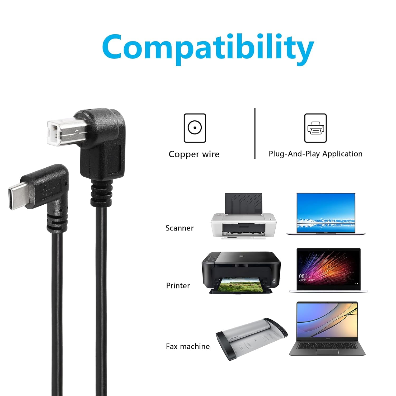 TRAHOO-2 Pack USB C Printer Cable Right Angled USB B to Type C Cord 11 ...