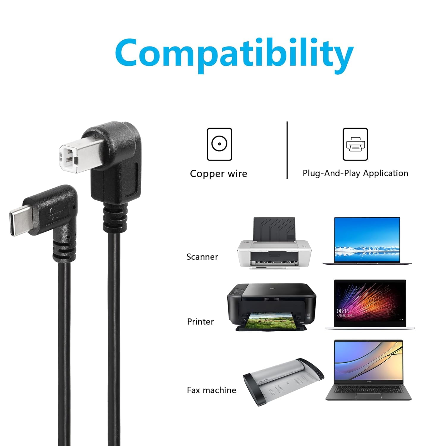 TRAHOO-2 Pack USB C Printer Cable Right Angled USB B to Type C Cord 11 ...