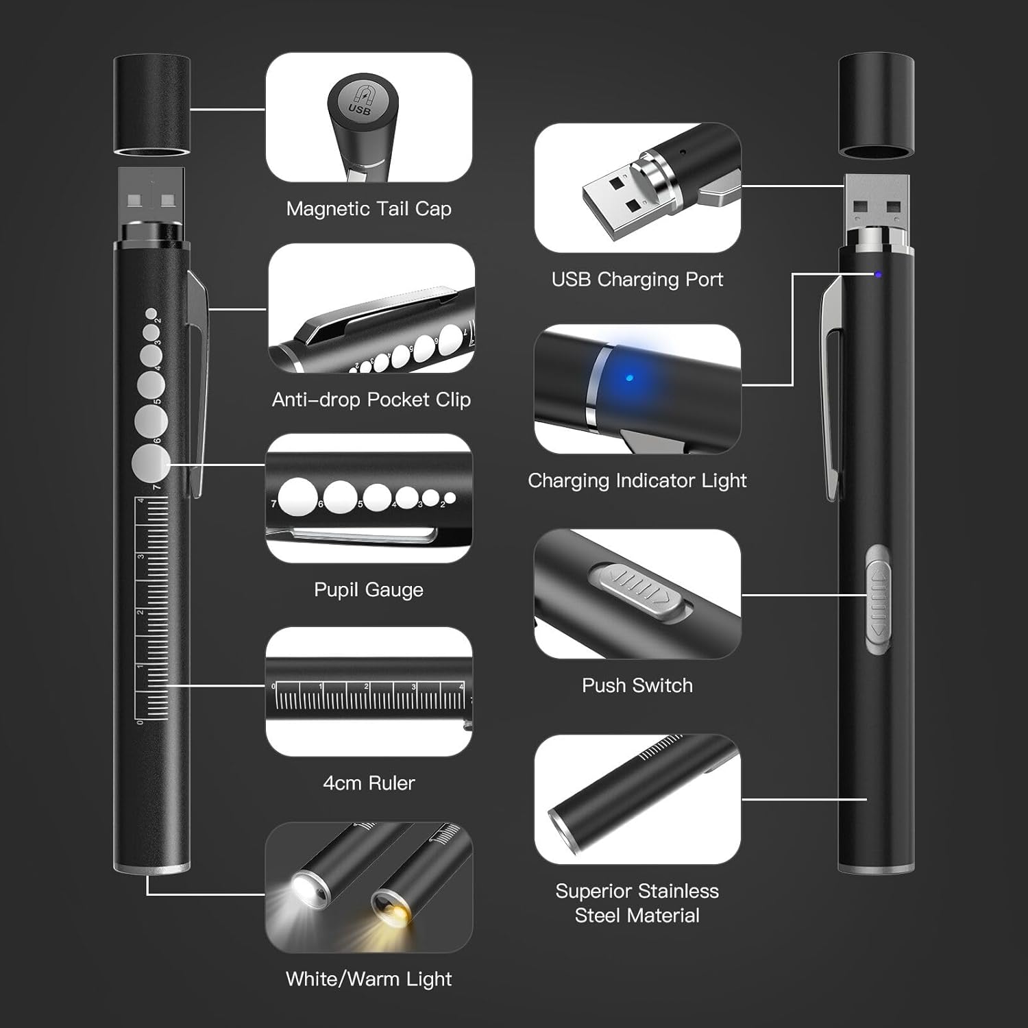 TRAHOO-2 Rechargeable Pen Lights with Pupil Gauge & Ruler, Mini LED ...