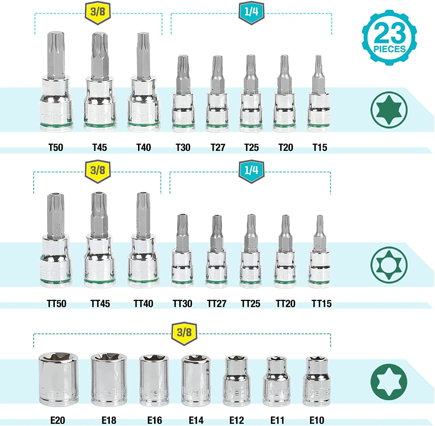 TRAHOO-23-Piece Torx Bit Socket and External Torx Socket Set, 8 Star ...