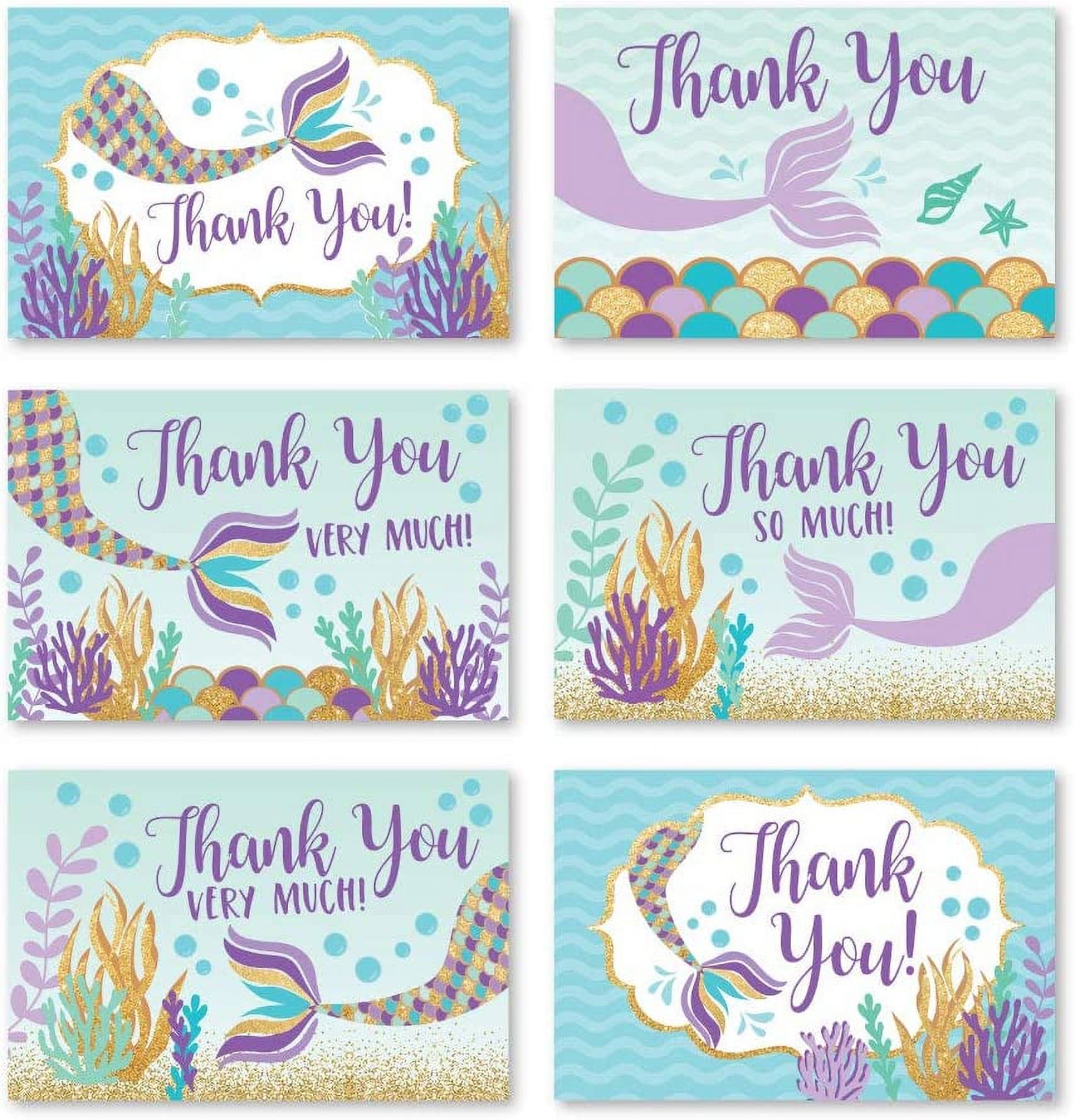 TRAHOO-24 Mermaid Thank You Cards Kids Birthday Bulk Thank You Cards ...