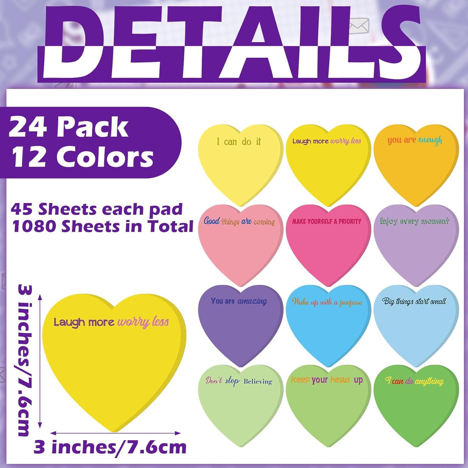 TRAHOO-24 Pcs Inspirational Sticky Notes 3 x 3 Inch Heart Appreciation ...