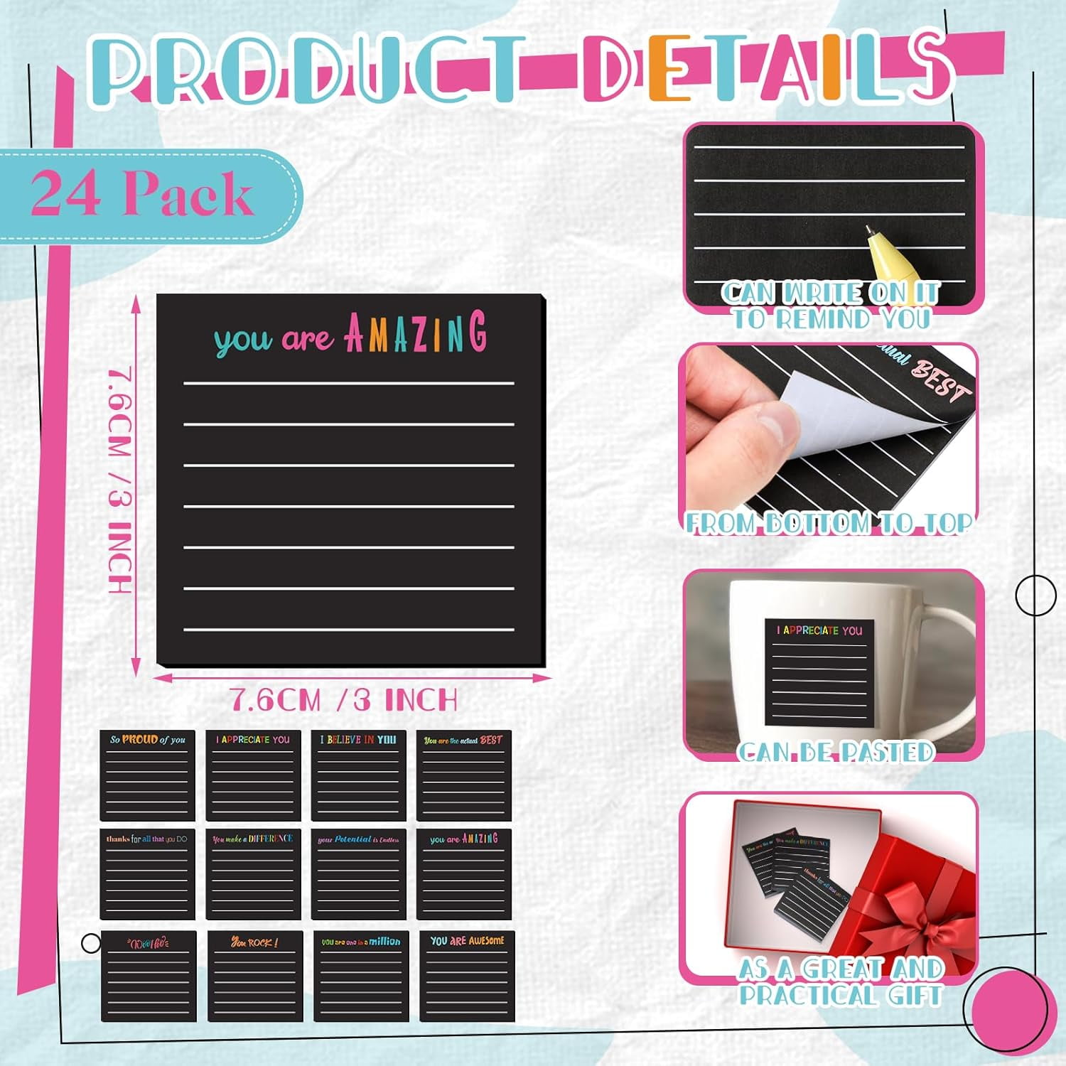 TRAHOO-24 Pcs Inspirational Sticky Notes with Lines Cute Motivational ...