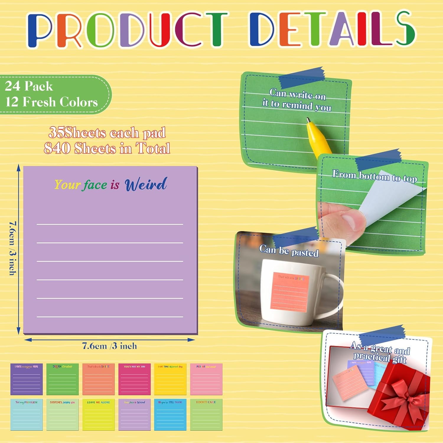 TRAHOO-24 Pcs Inspirational Sticky Notes with Lines Cute Motivational ...