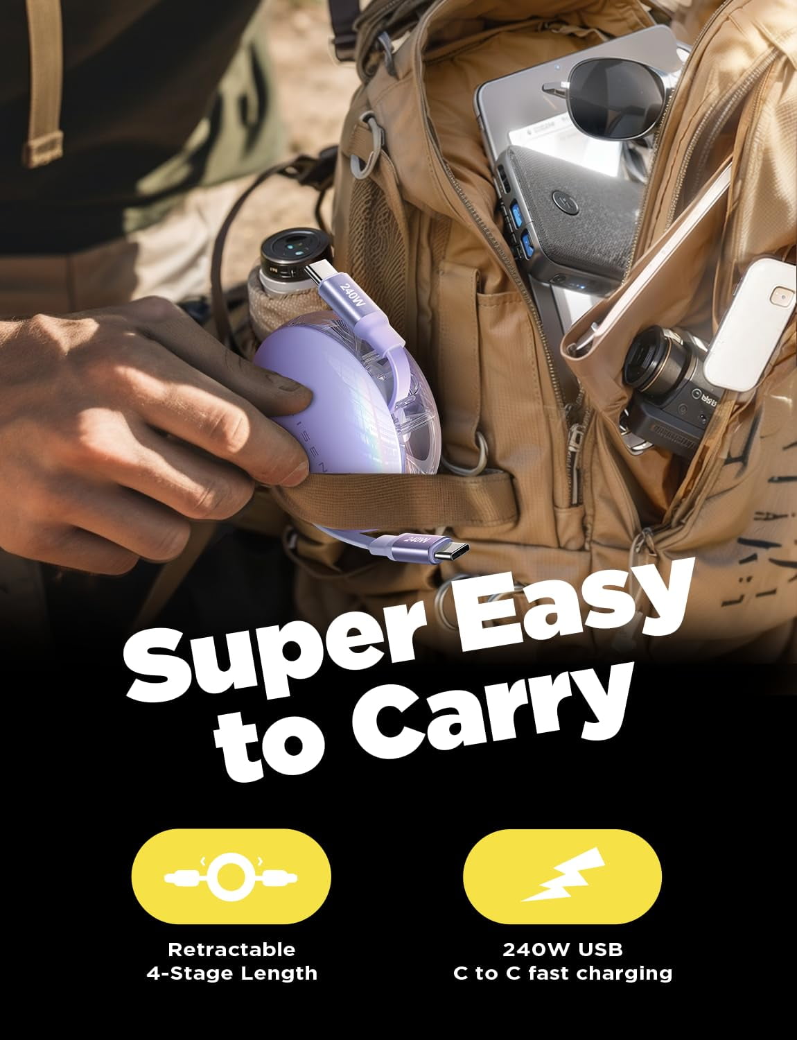 TRAHOO-240W Retractable USB C Cable, Data Sync Retractable Charging ...