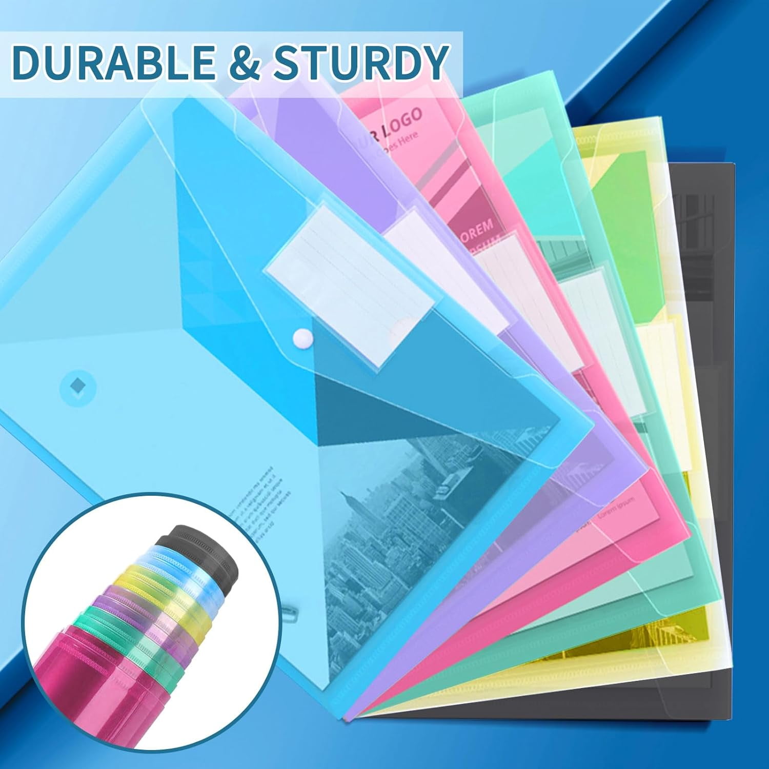 TRAHOO-24PACK Plastic Envelopes Poly Envelopes with Snap Closure, Colored File Folders Letter A4 ...