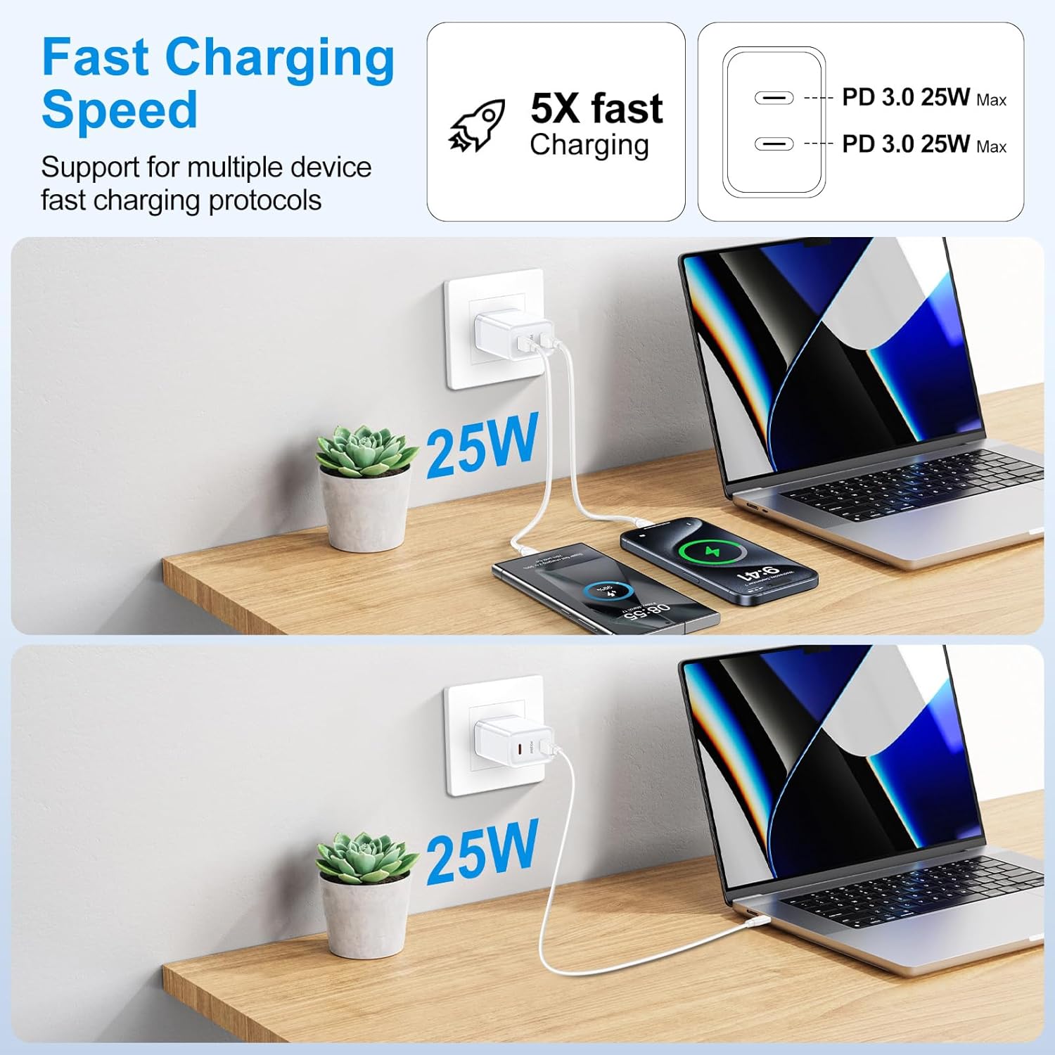 TRAHOO-25W Samsung Charger Block Dual Port Wall Plug USB C Fast ...