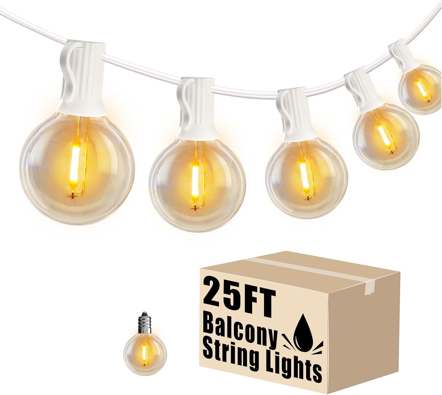 TRAHOO-25ft LED Outdoor String Lights, White String G40 Globe Porch ...