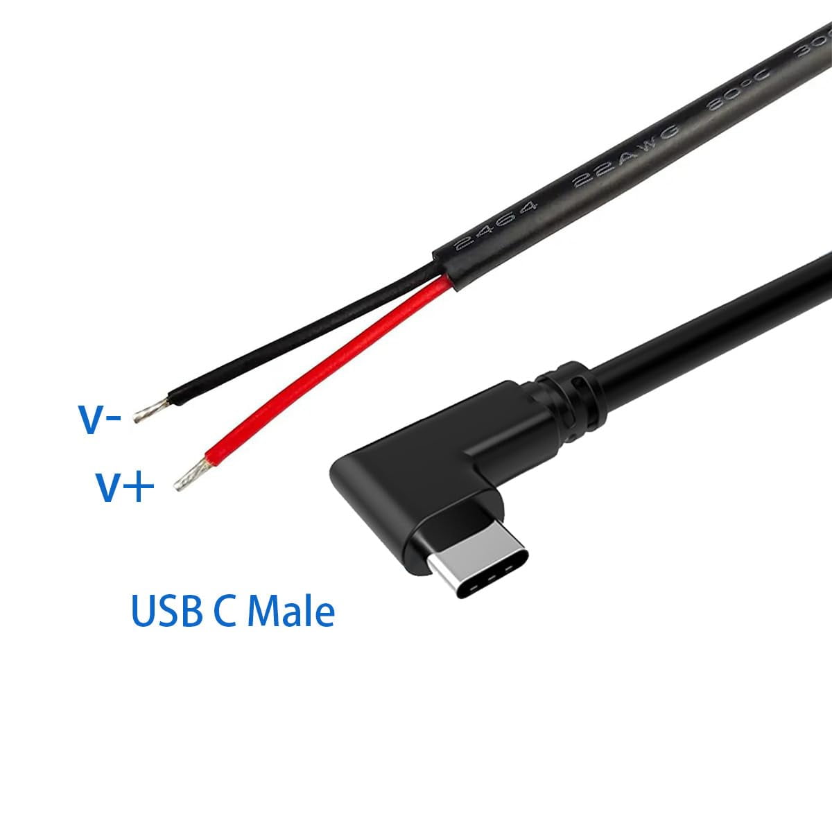 TRAHOO-2Pcs 3.2FT 22AWG Right Angle USB Type-C 2 Core Pigtail Cable, 3A 5V 90 Degree USB-C Male ...
