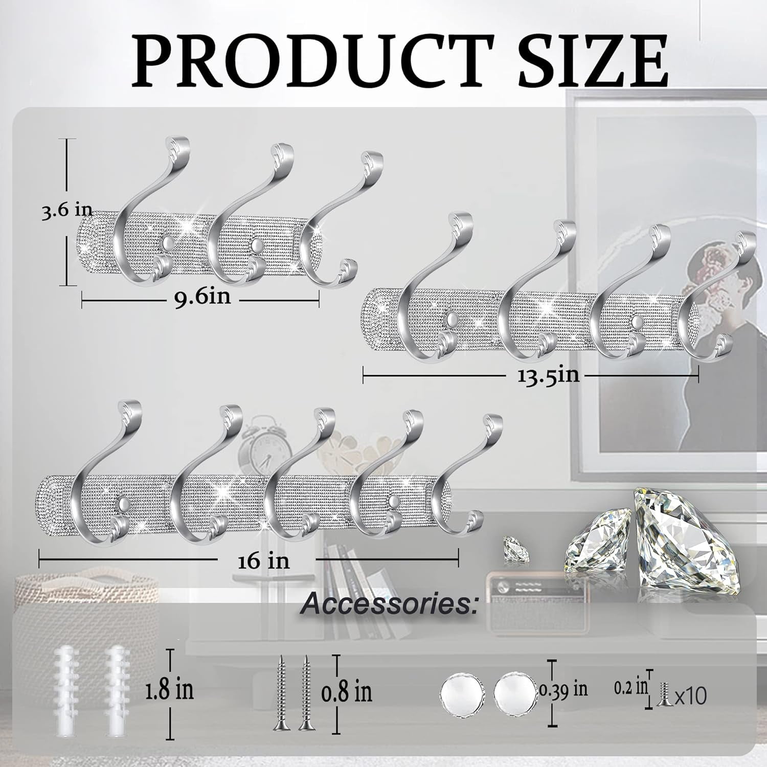 TRAHOO-2Pcs Coat Rack Wall Mount,Shiny Silver Rhinestones Wall Mounted ...
