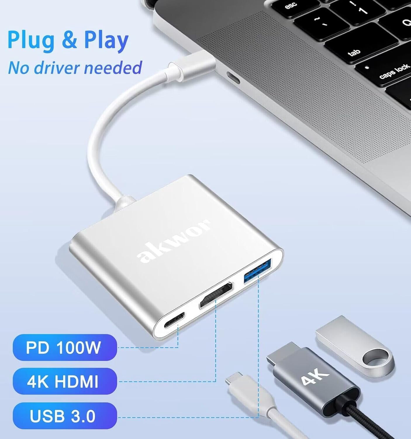 TRAHOO-3 in 1 USB C to HDMI Adapter Multiport, 4K Digital AV Adapter ...