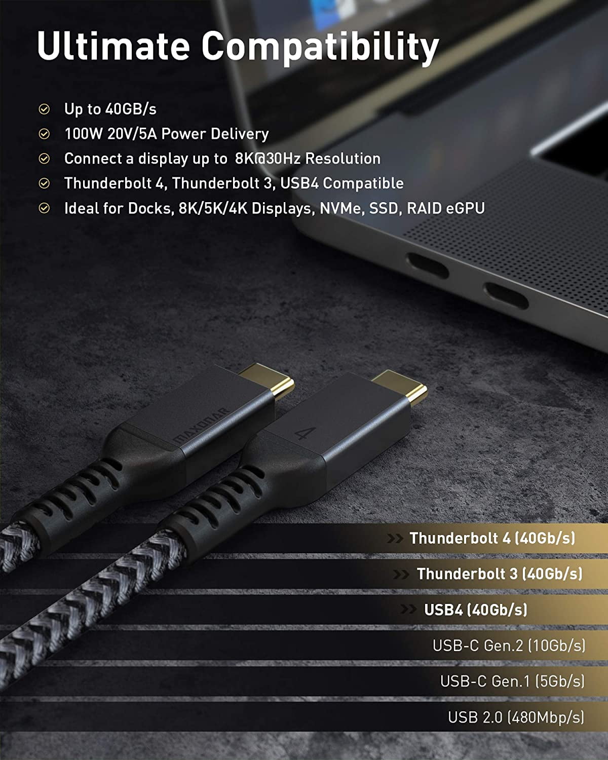 TRAHOO-[3.3Ft] Compatible with Thunderbolt 4 Cable, Support 40Gbps Dync ...