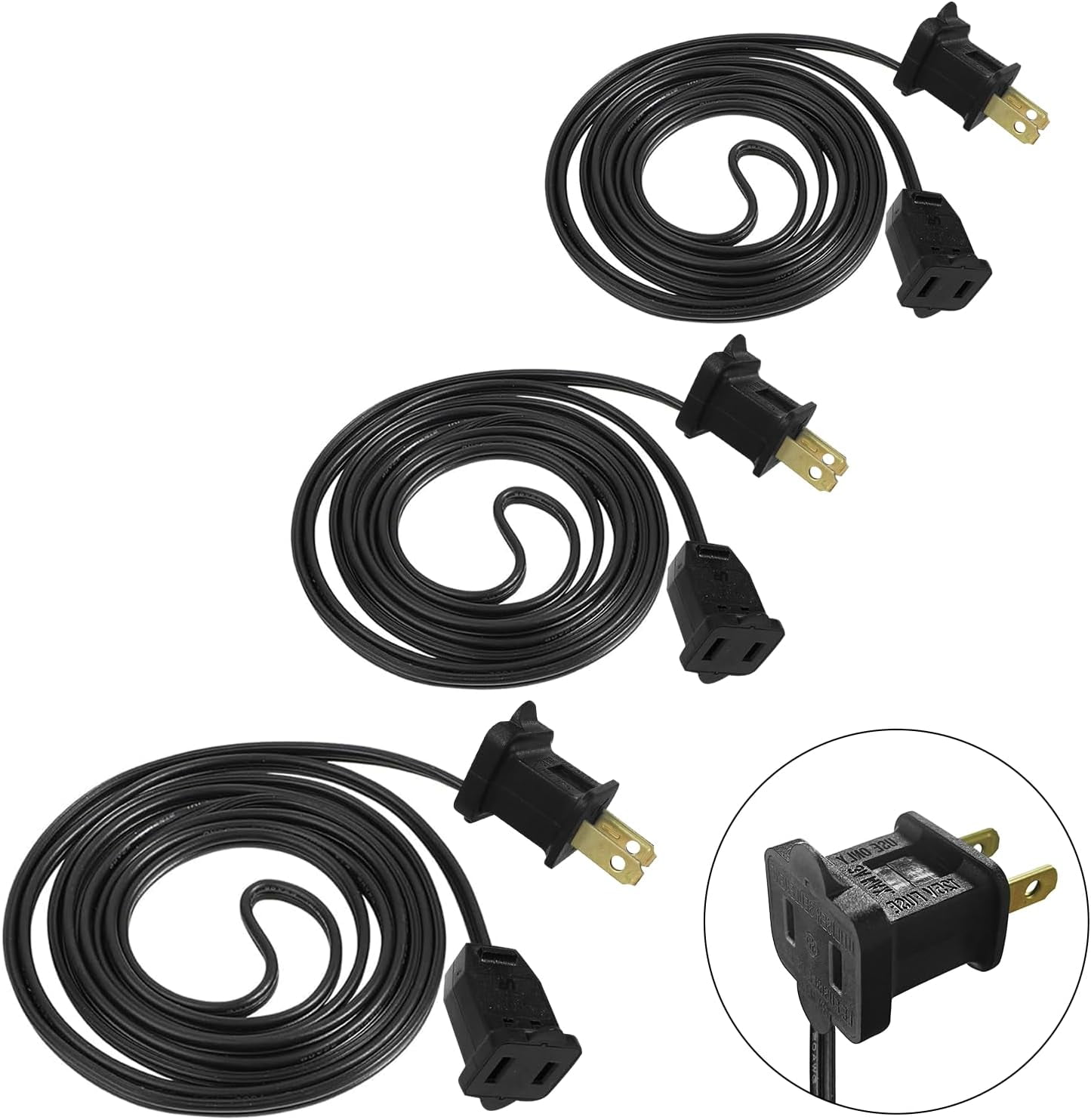 TRAHOO-3 Pack Black Extension Cord 6 Feet Non Polarized Extension Cord ...