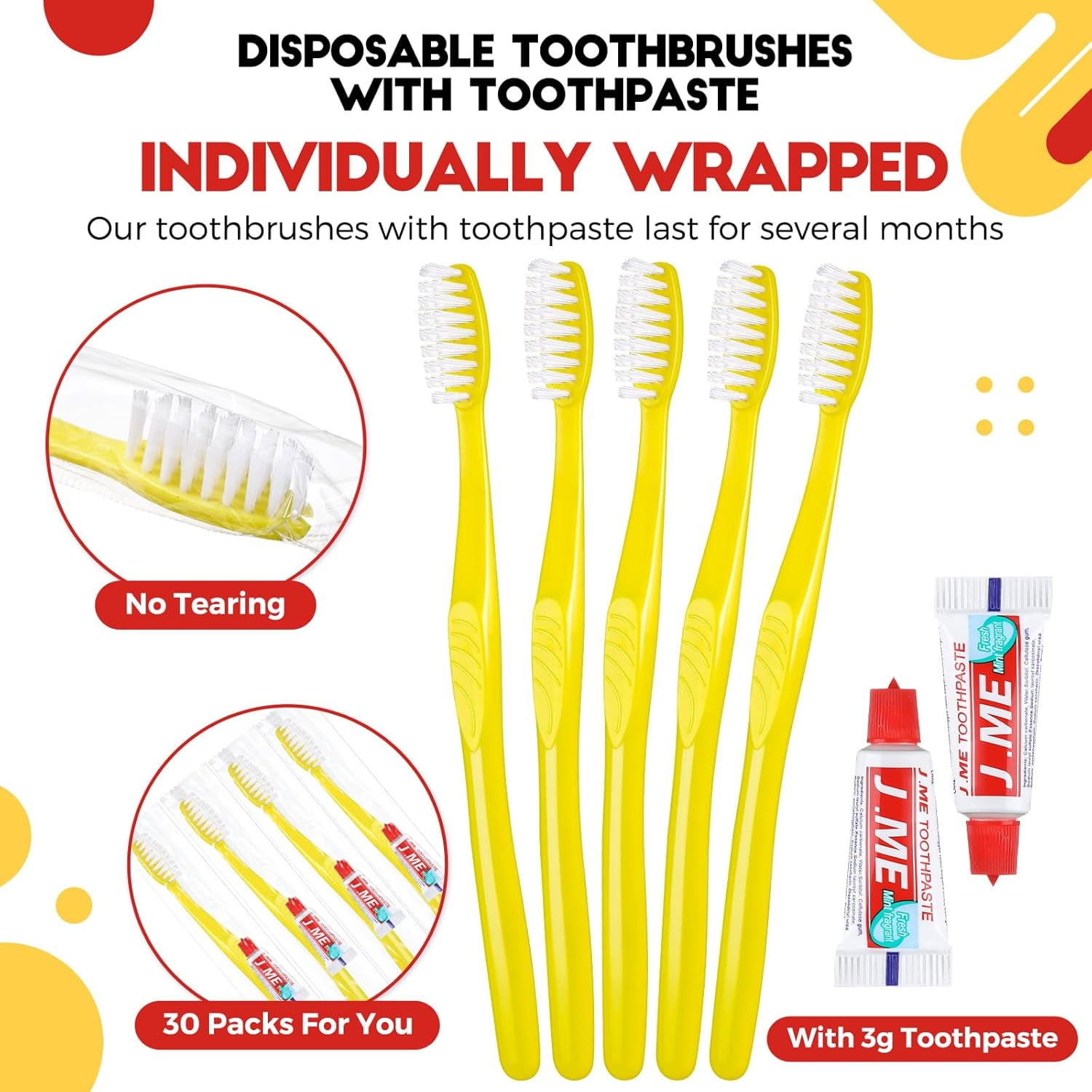 TRAHOO-30 Pack Disposable Toothbrushes with Toothpaste, Yellow ...