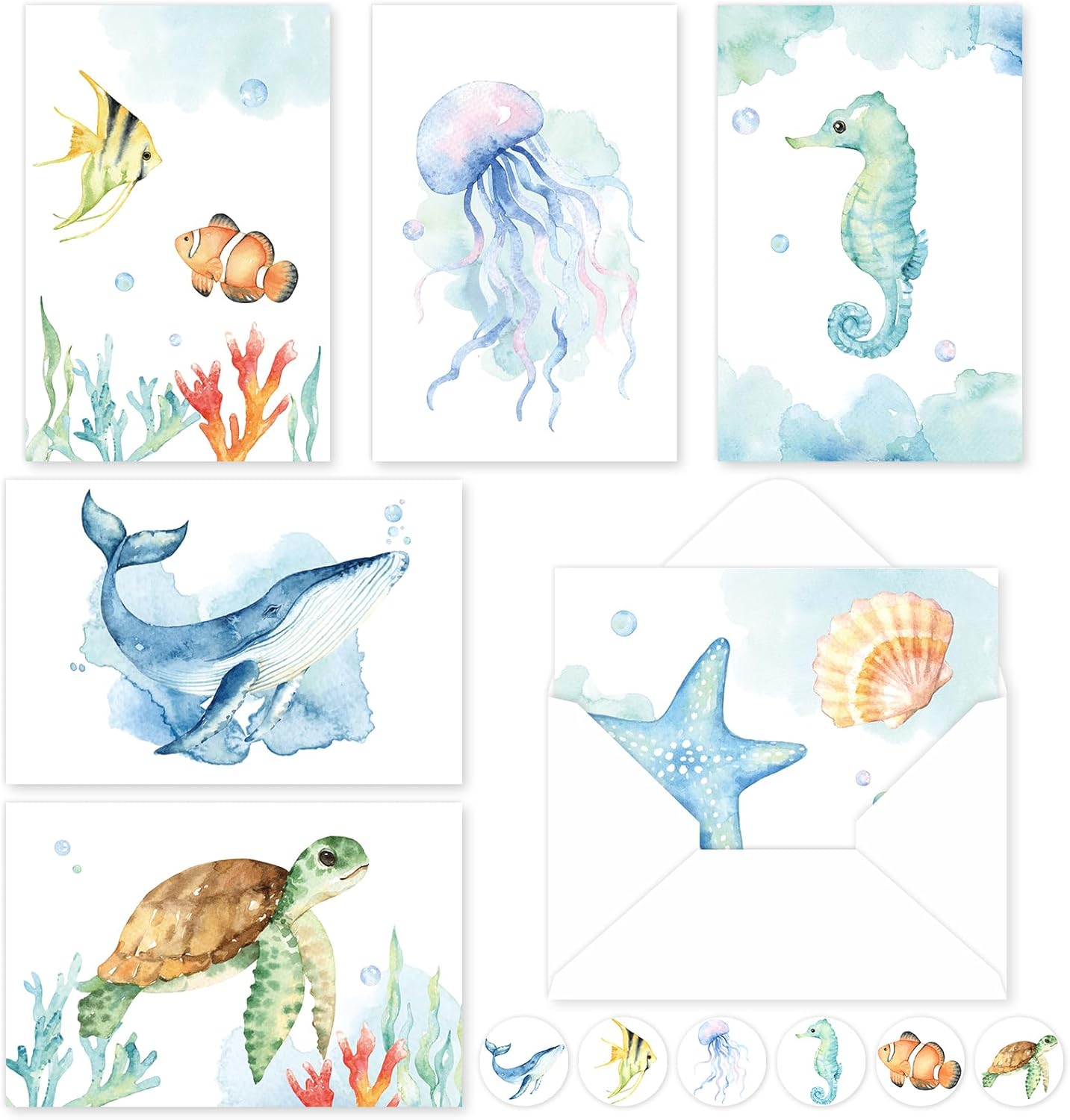 TRAHOO-30 Pack Watercolor Ocean Greeting Cards Turtle Whale Jellyfish ...