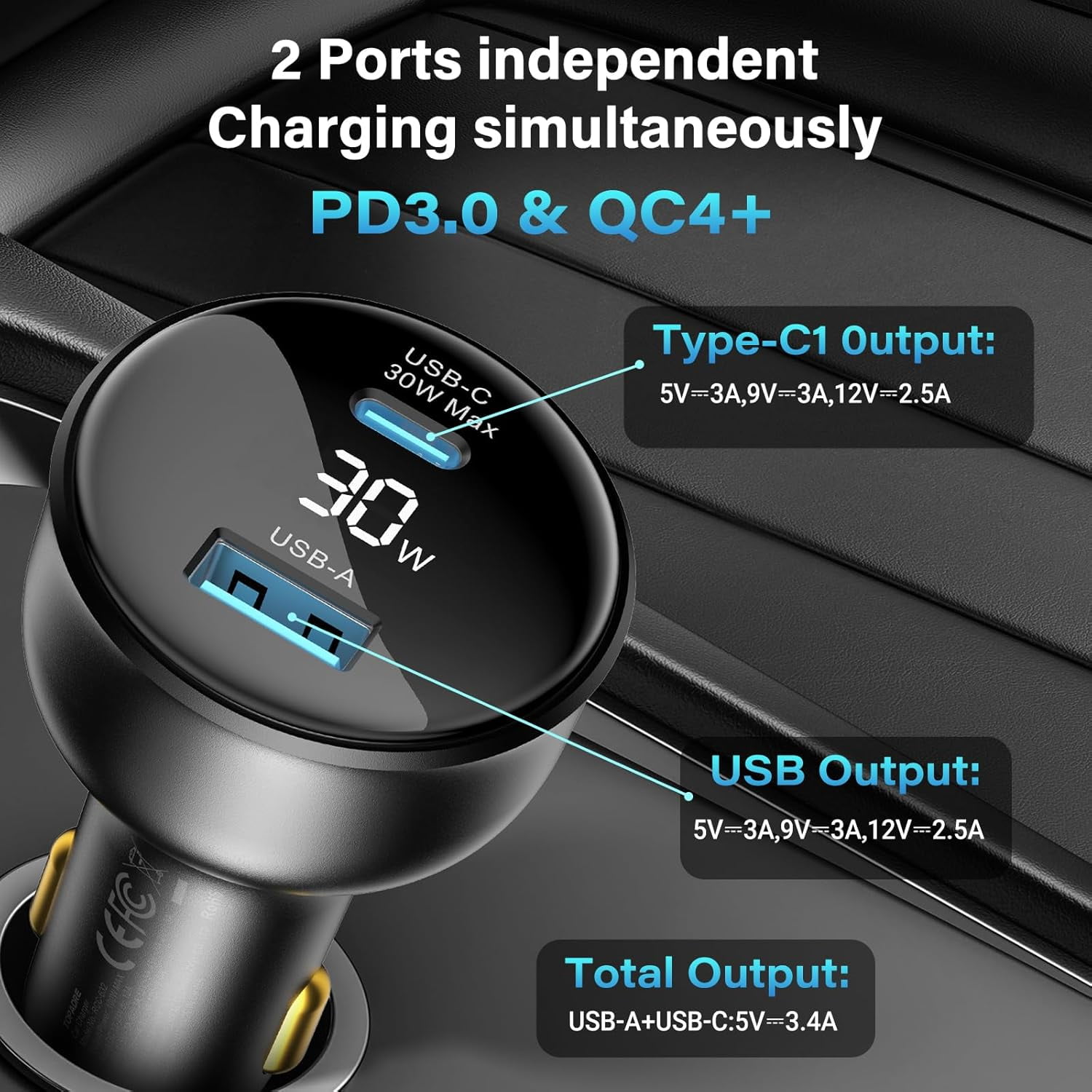 TRAHOO-30W USB C Car Charger with Display, PD3.0+QC Type C Car Charger ...